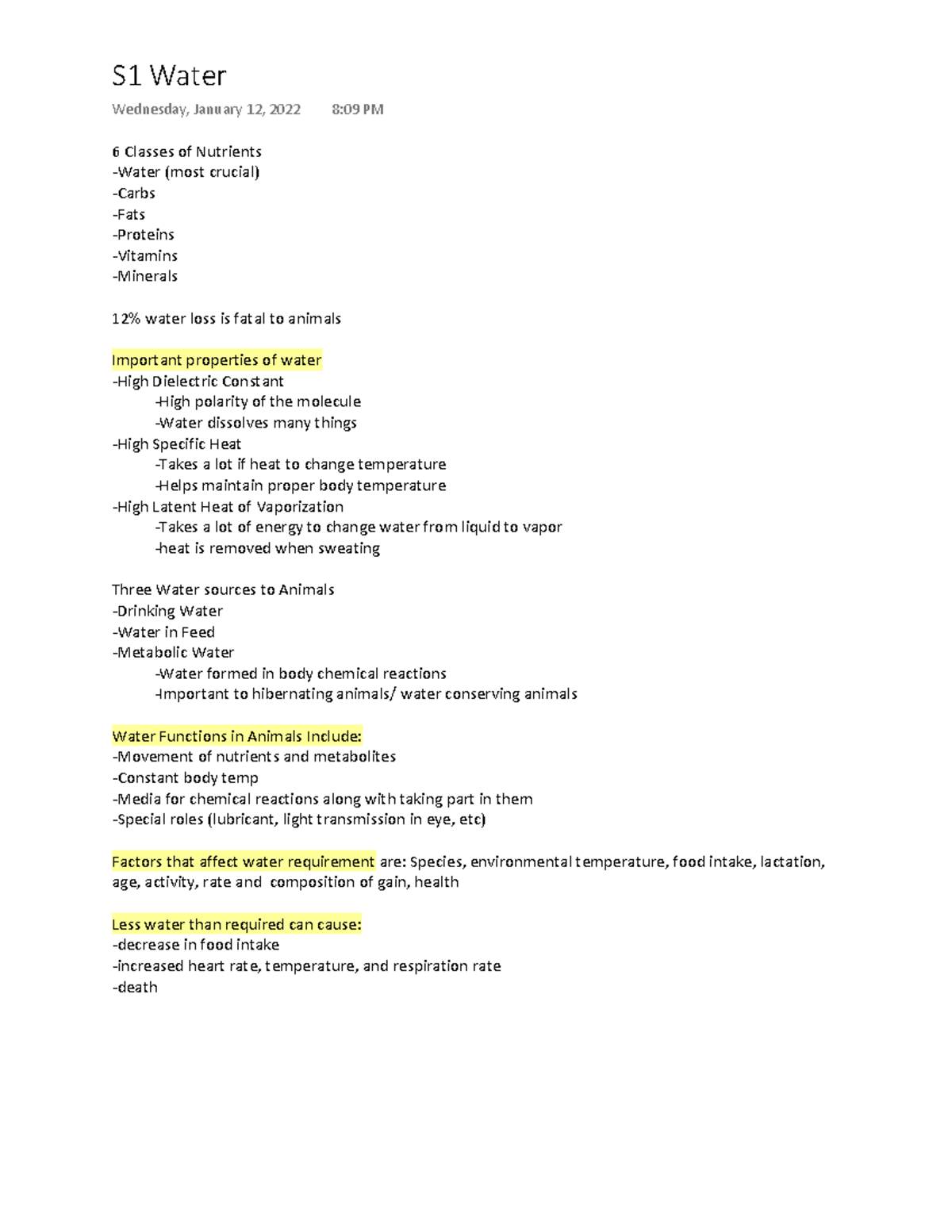 ANSC 221 Water Notes - 6 Classes of Nutrients -Water (most crucial ...