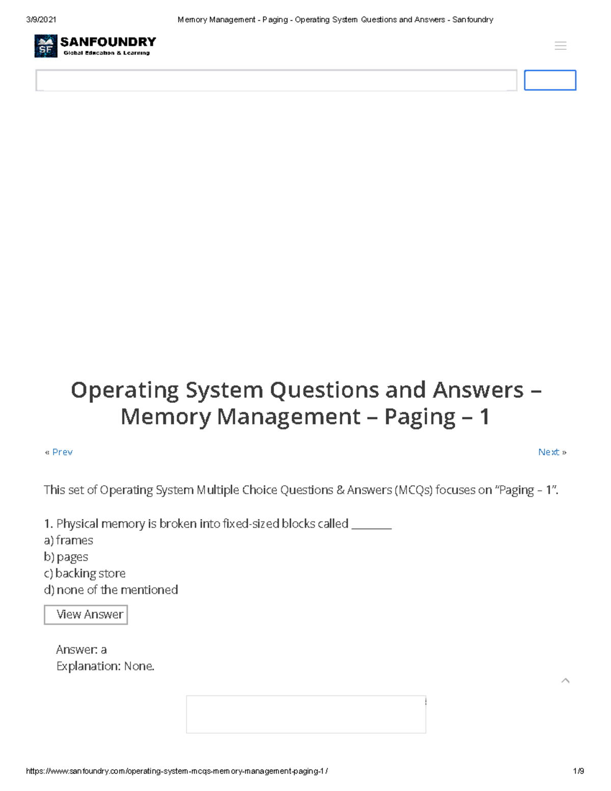 Memory Management Paging Operating System Questions And Answers Sanfoundry Prev Next