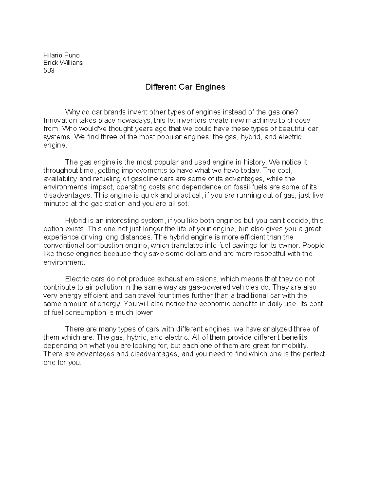 Classification Essay - Different Car Engines - Hilario Puno Erick ...