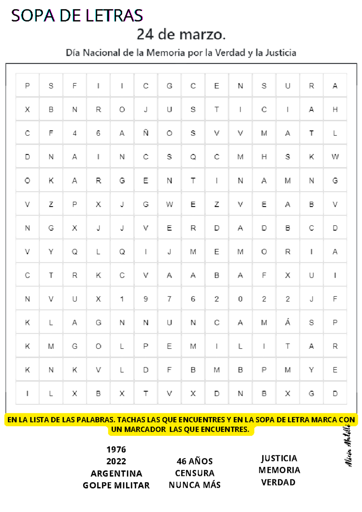 SOPA DE Letras. 24 DE Marzo. Alicia Abatilli - Ciudadanía y Cultura I - 1976 2022 ARGENTINA ...