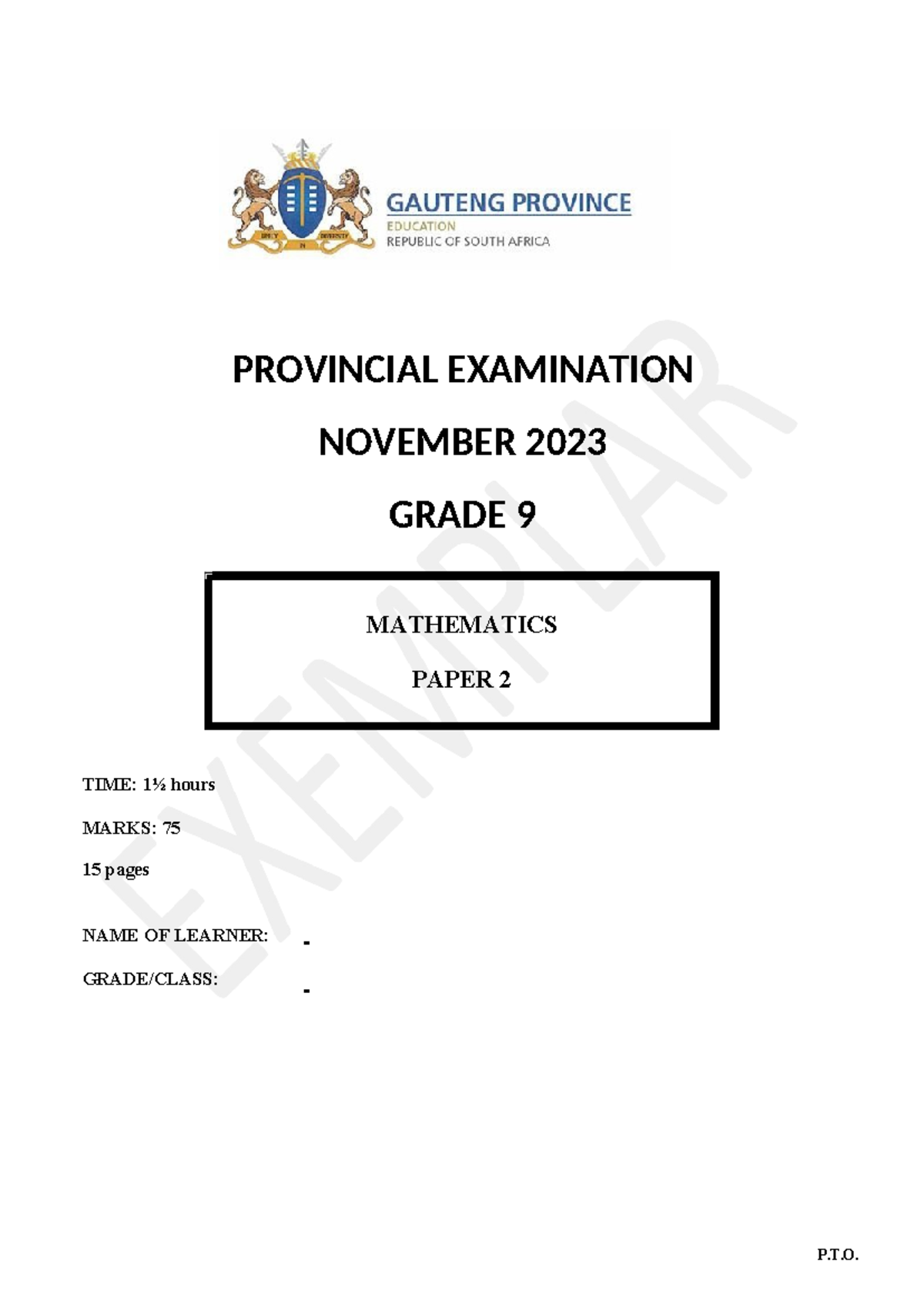 Gr 9 Mathematics P2 (English) 2023 Question Paper - PROVINCIAL EXAMINATION NOVEMBER 2023 GRADE 9 ...