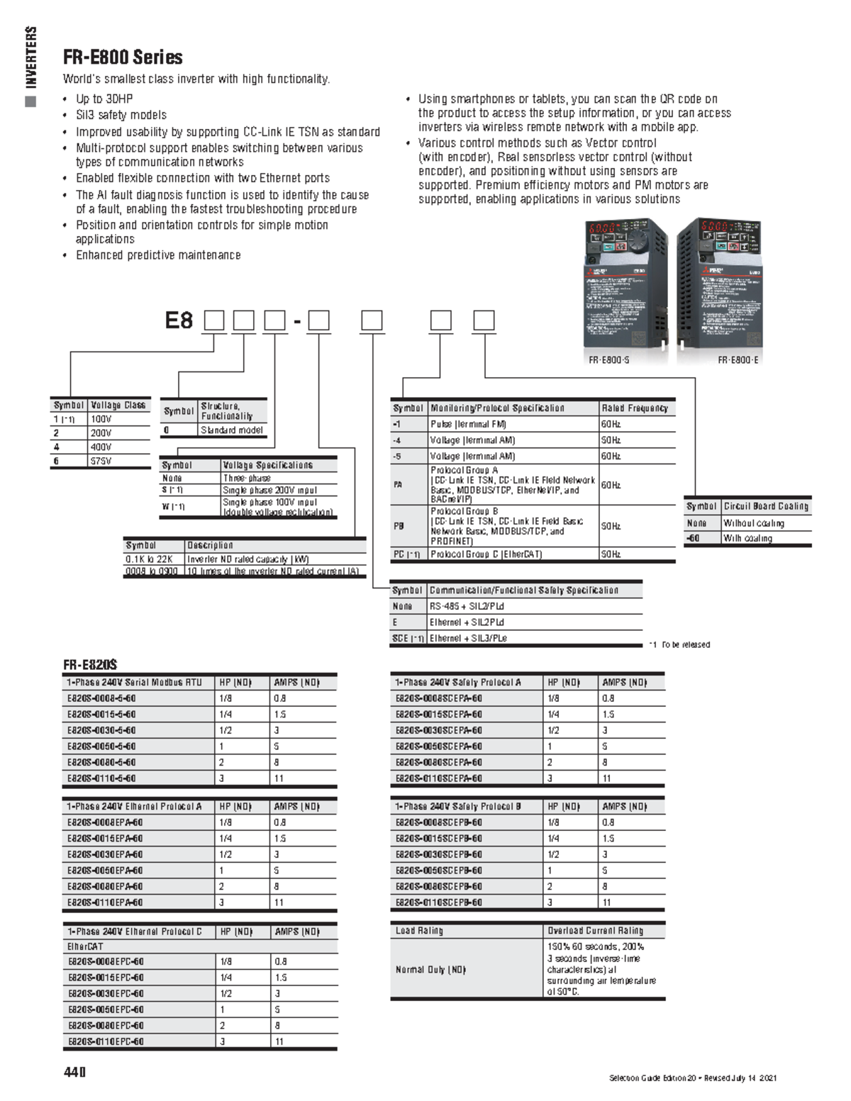 FR-E800 Especificaciones - 440 n INVERTERS Selection Guide Edition 20 ...