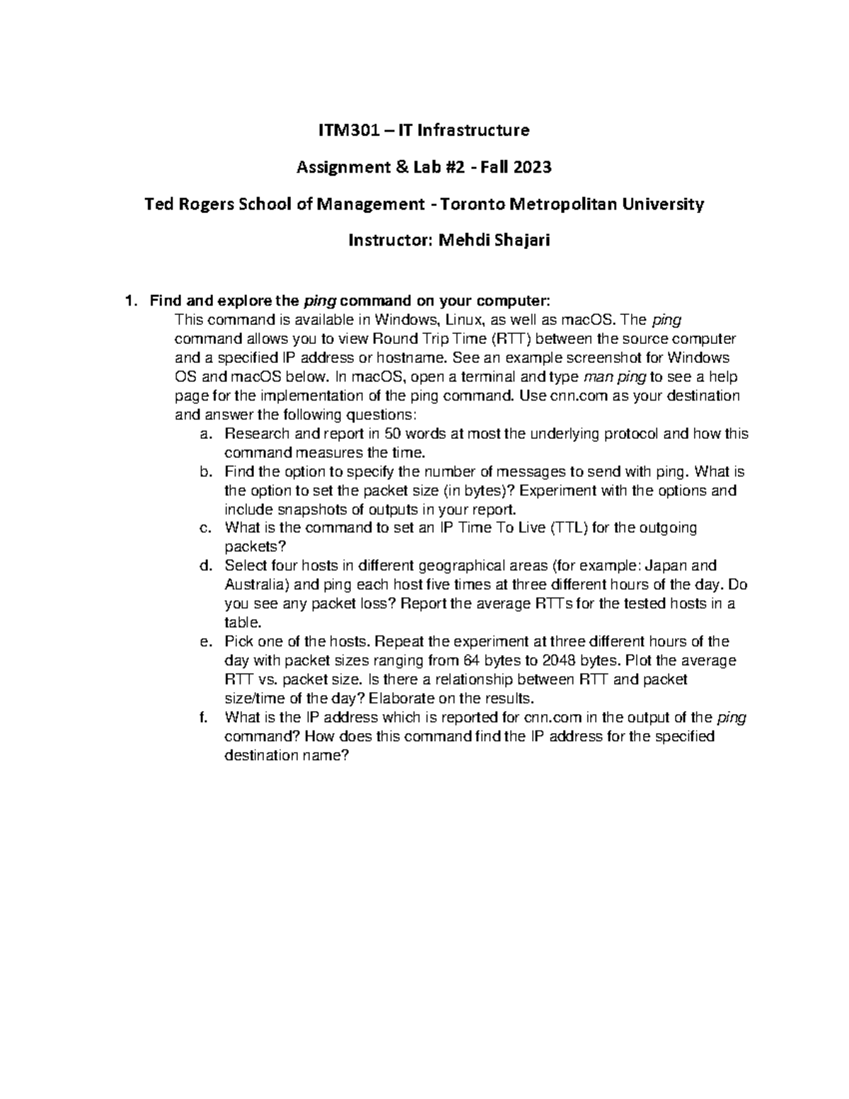 L&A#2-F23 - ITM 301 practice week 2 - ITM301 – IT Infrastructure Assignment & Lab #2 - Fall 2023 ...