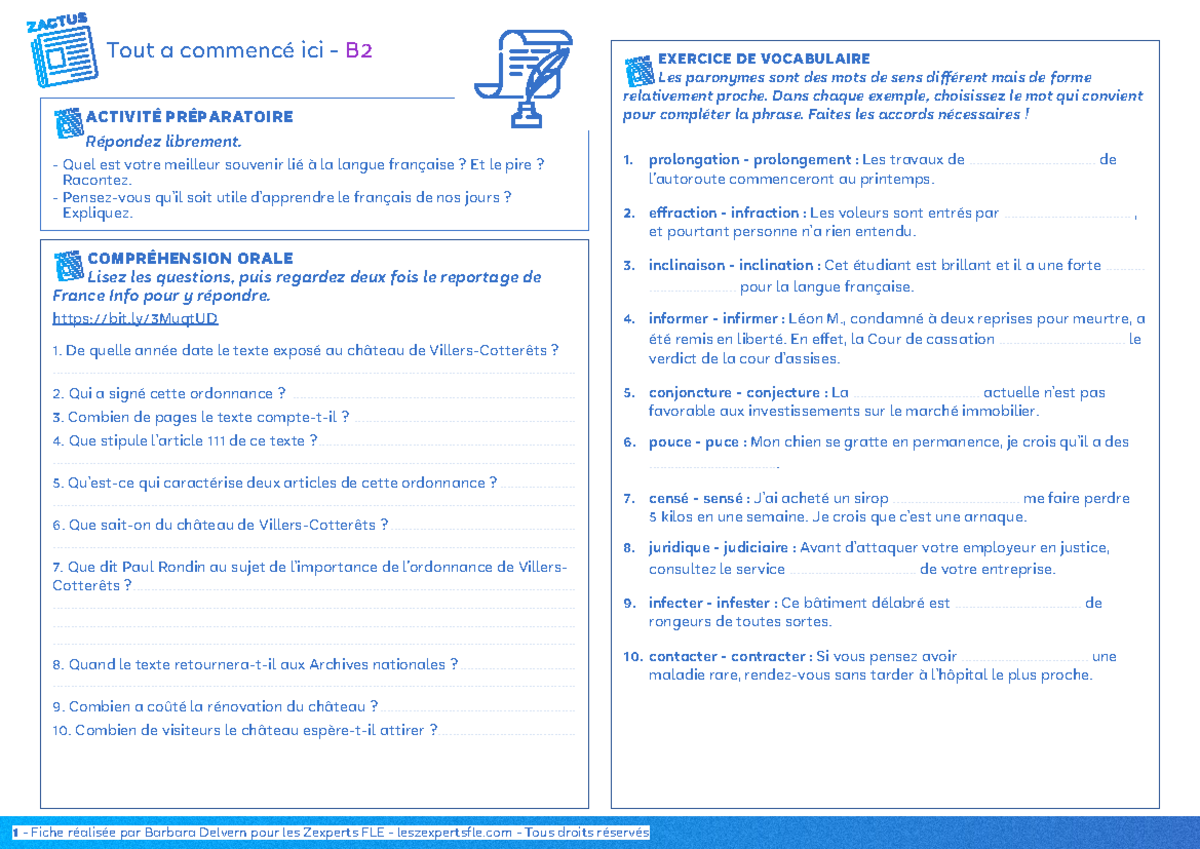 Zactus Langue française B2 CO PO - EXERCICE DE VOCABULAIRE Les ...