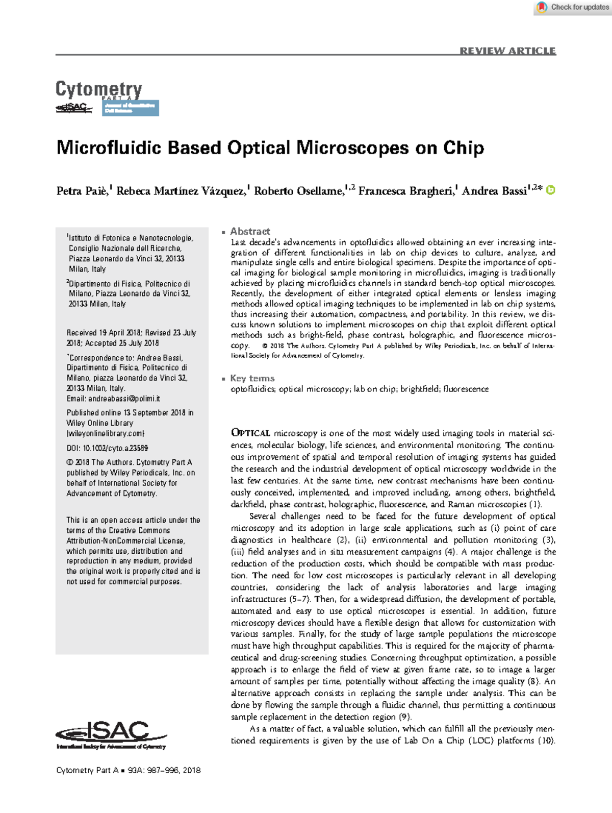 Cytometry Pt A - 2018 - Paiè - Microfluidic Based Optical Microscopes ...