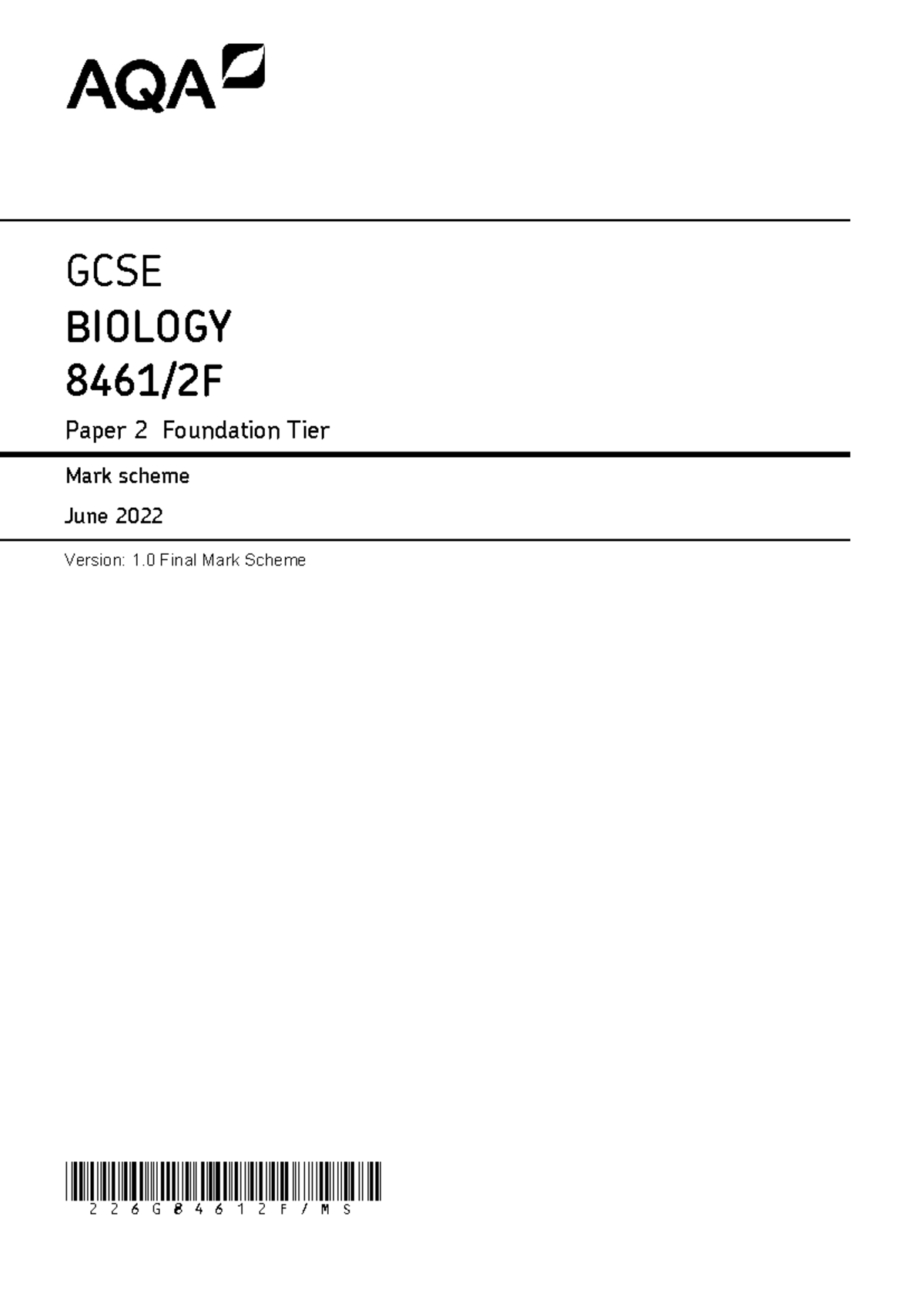 AQA GCSE Biology Foundation Paper 2 June 2022 Mark Scheme - GCSE ...