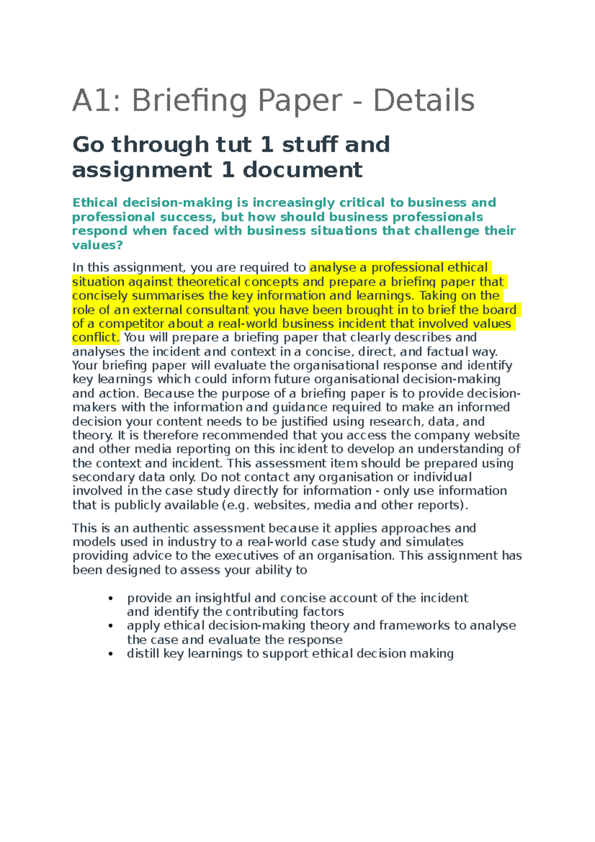 BSB250- Assingment 1 - ddss - A1: Briefing Paper - Details Go through ...