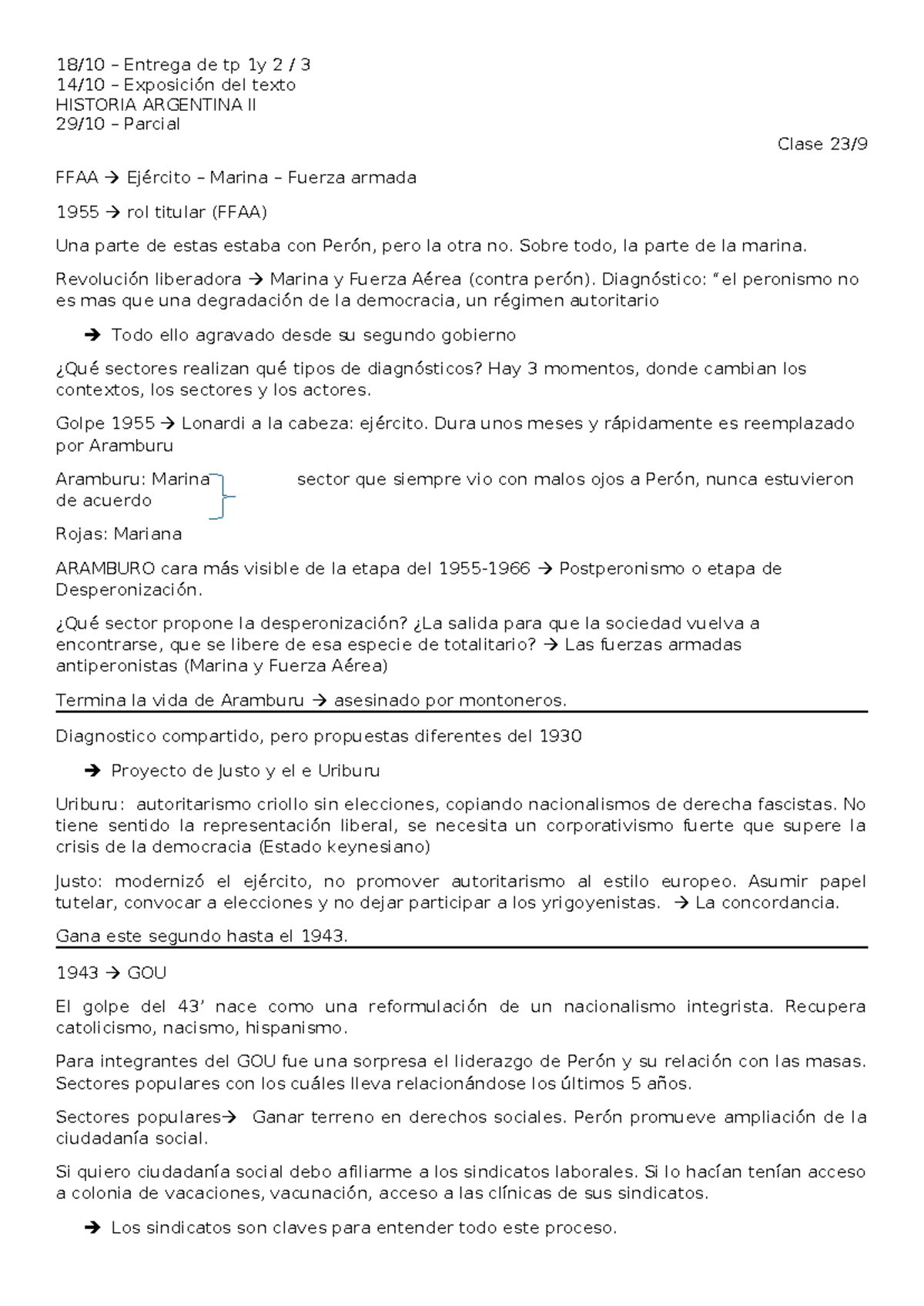 Clase 1090-1955 - 18/10 – Entrega de tp 1y 2 / 3 14/10 – Exposición del texto HISTORIA ARGENTINA ...