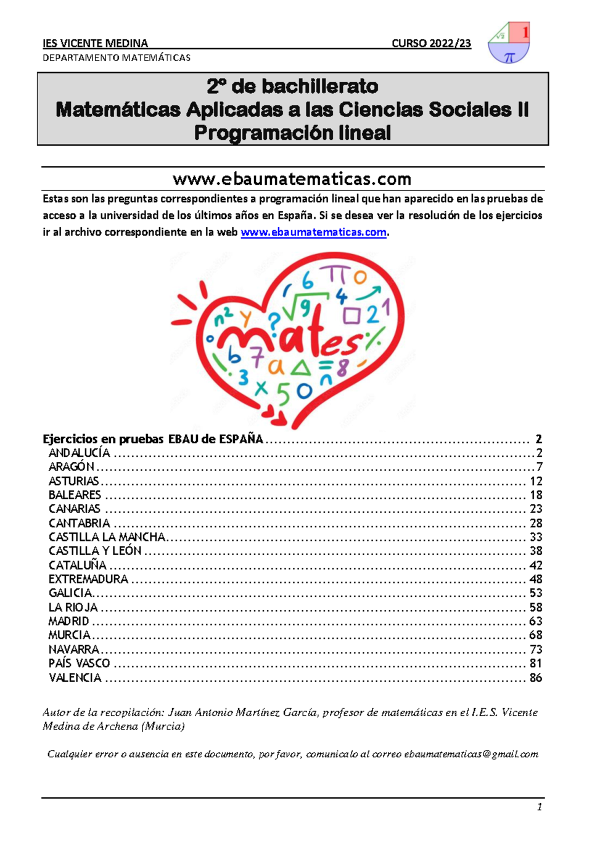 2o Bach CCSS Ejercicios EBAU Espana-Programacion-lineal - DEPARTAMENTO MATEMÁTICAS 1 2º de - Studocu