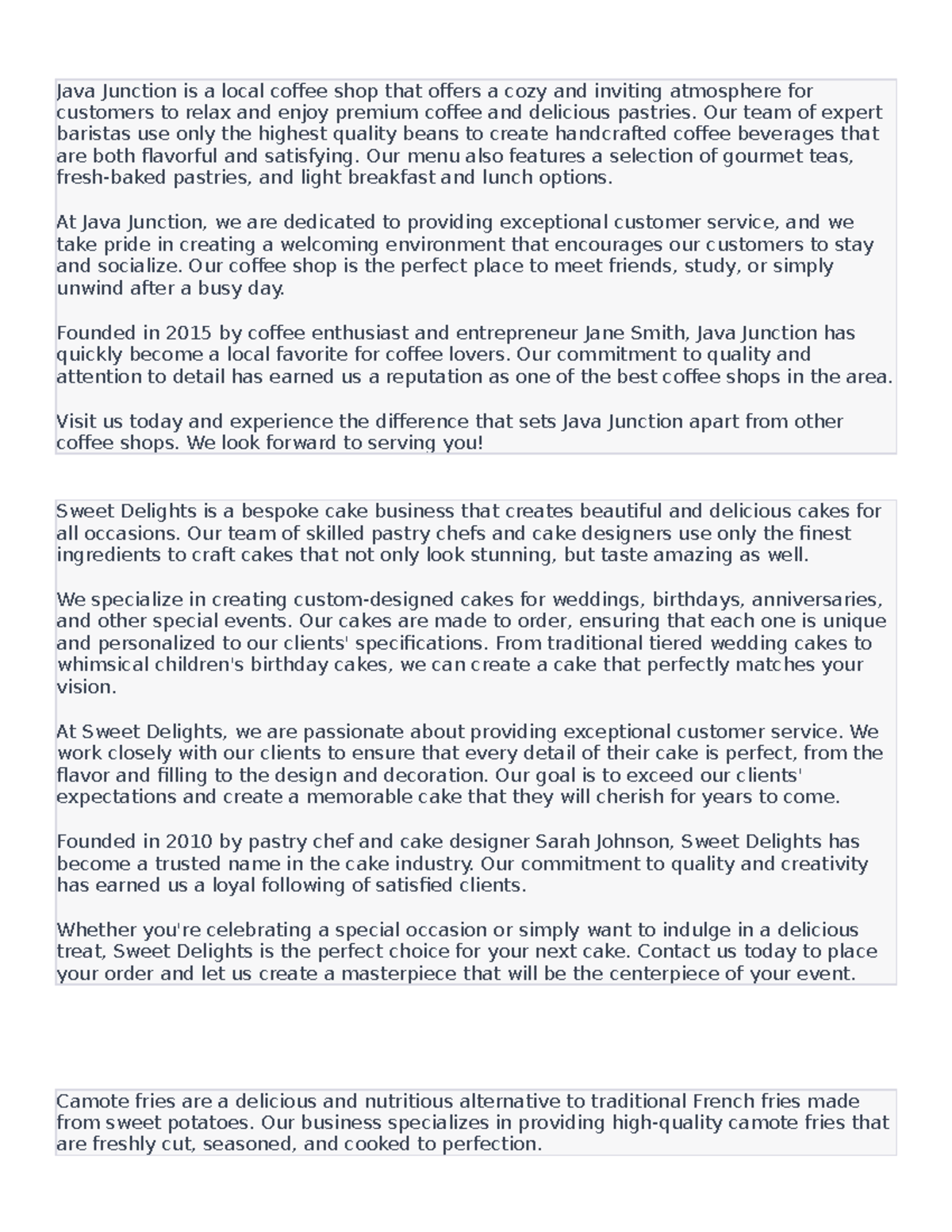 Business Desciption Samples - Java Junction is a local coffee shop that ...
