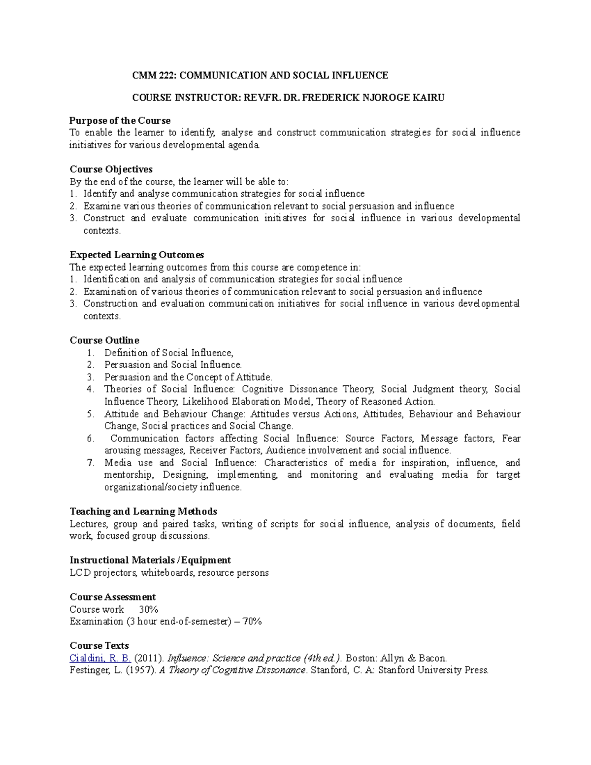 CMM 222 course outline - CMM 222: COMMUNICATION AND SOCIAL INFLUENCE ...