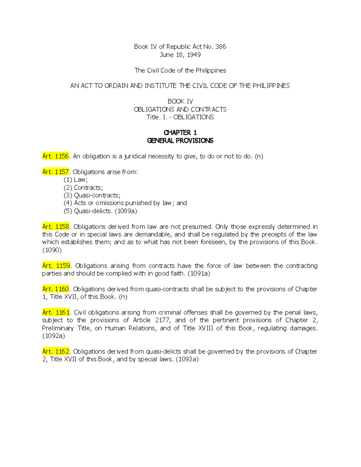 Summary - Read it carefully. - Book IV of Republic Act No. 386 June 18 ...
