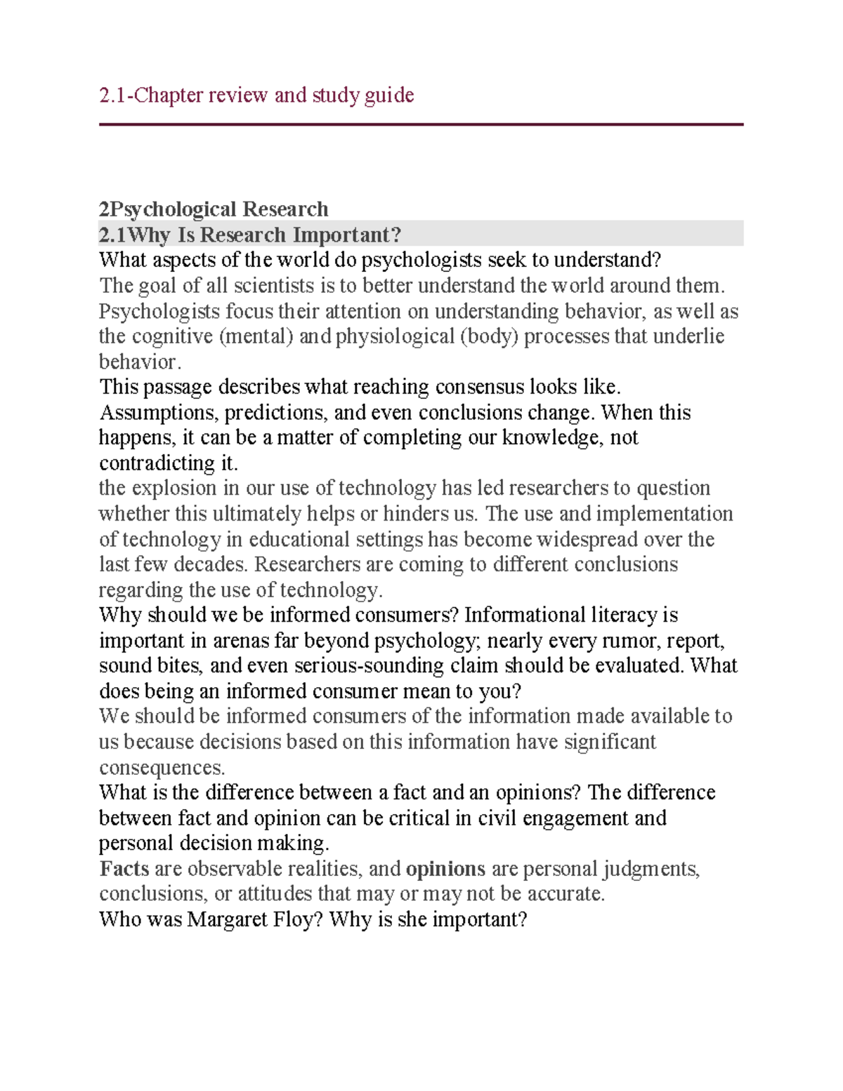 Chap 2 study guide psyc - 2-Chapter review and study guide ...