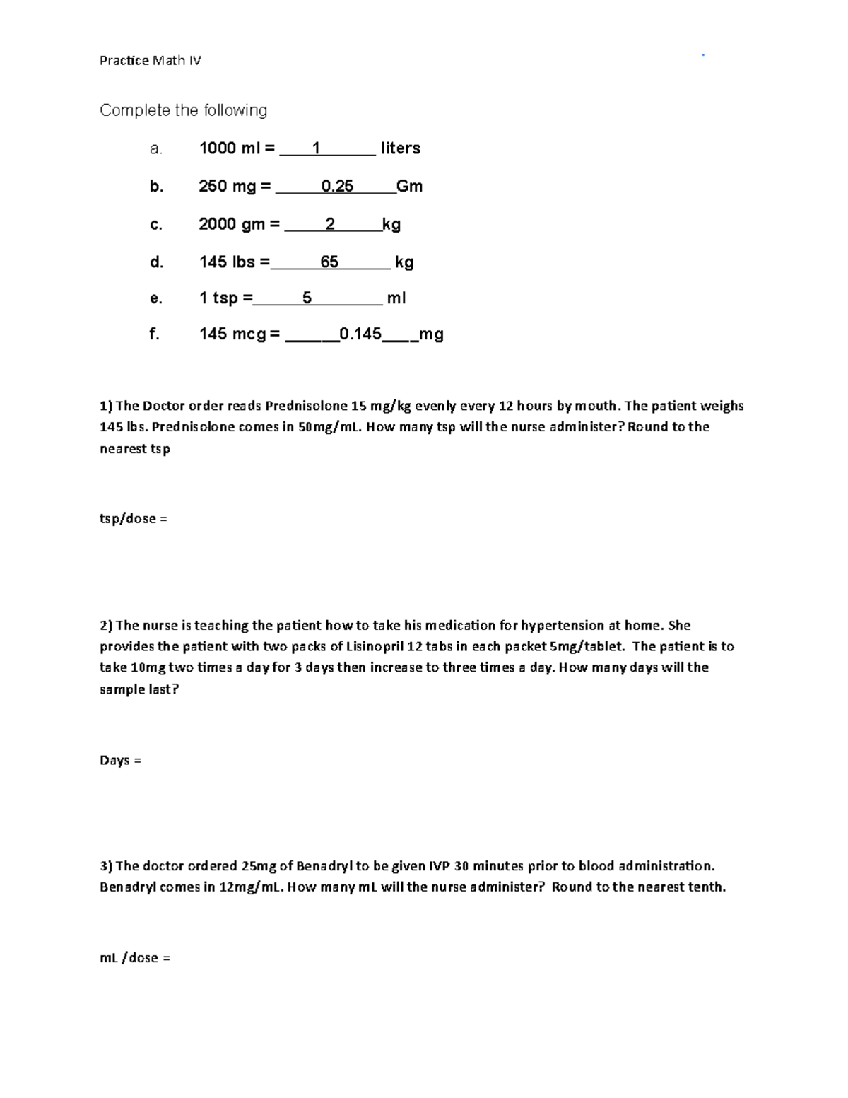 Class Room Practice Math IV - Practice Math IV Complete the following a ...