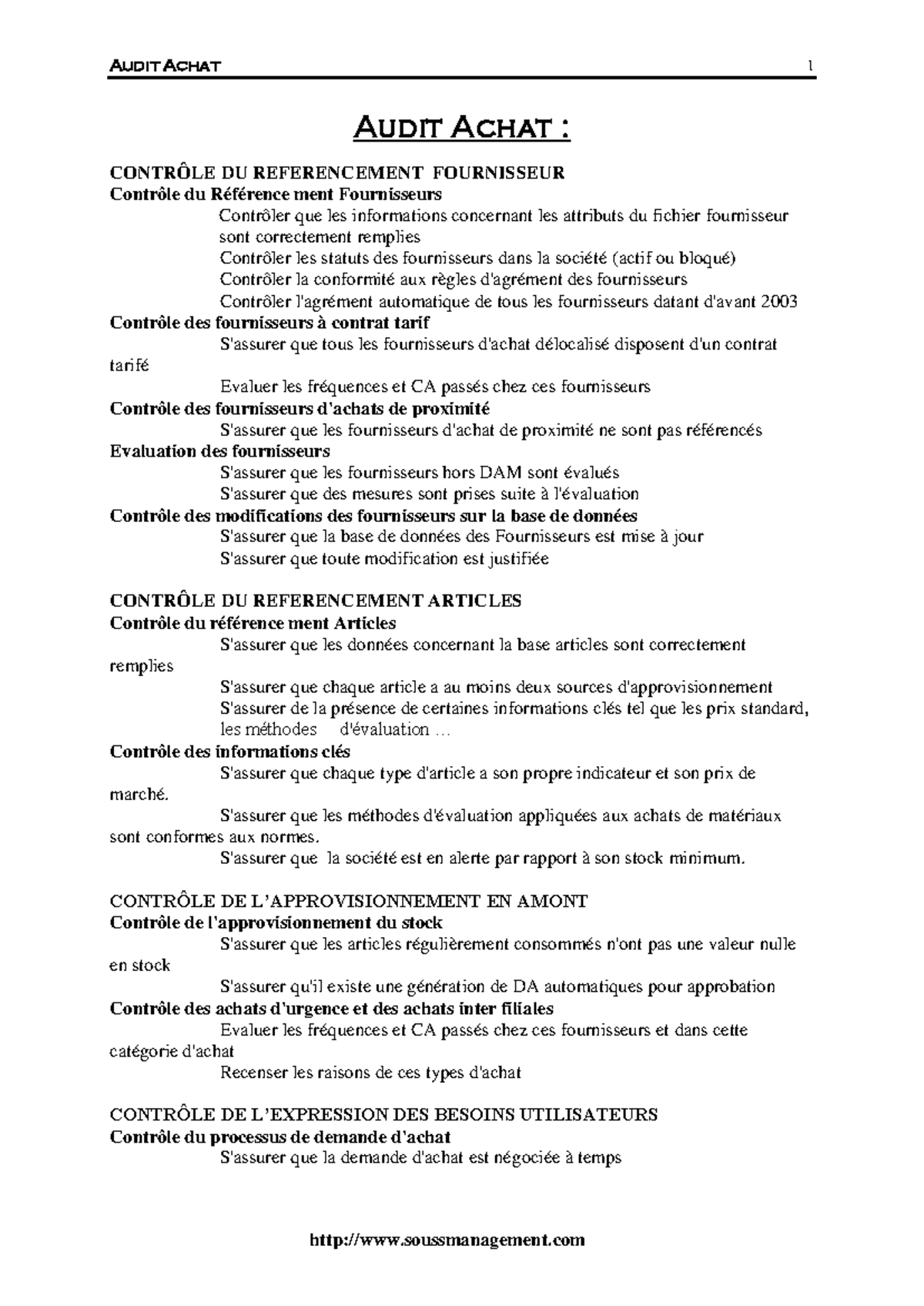 Audit Achat - .. Contrôle des informations clés S'assurer que chaque type d'article a son propre ...