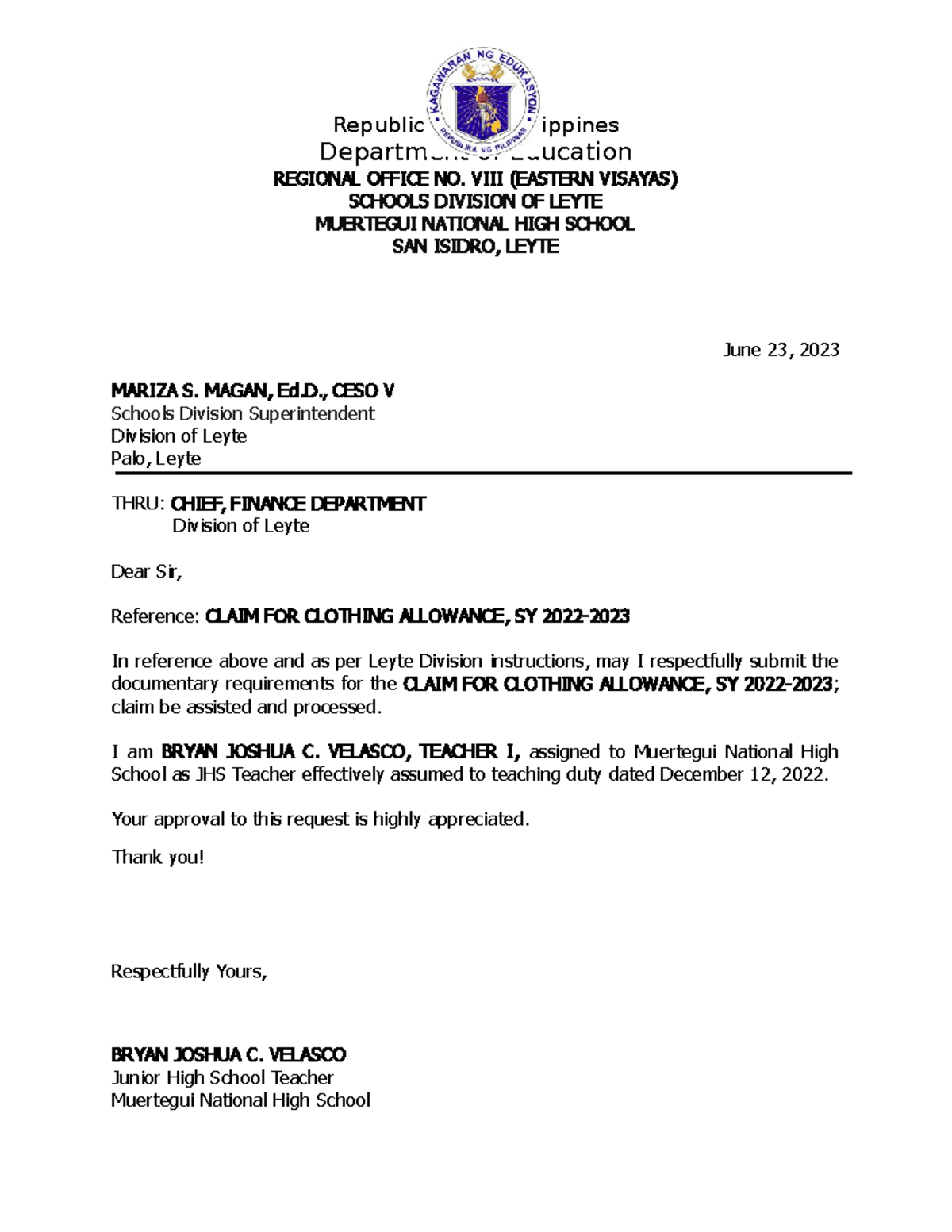 Request Letter - Republic of the Philippines Department of Education ...