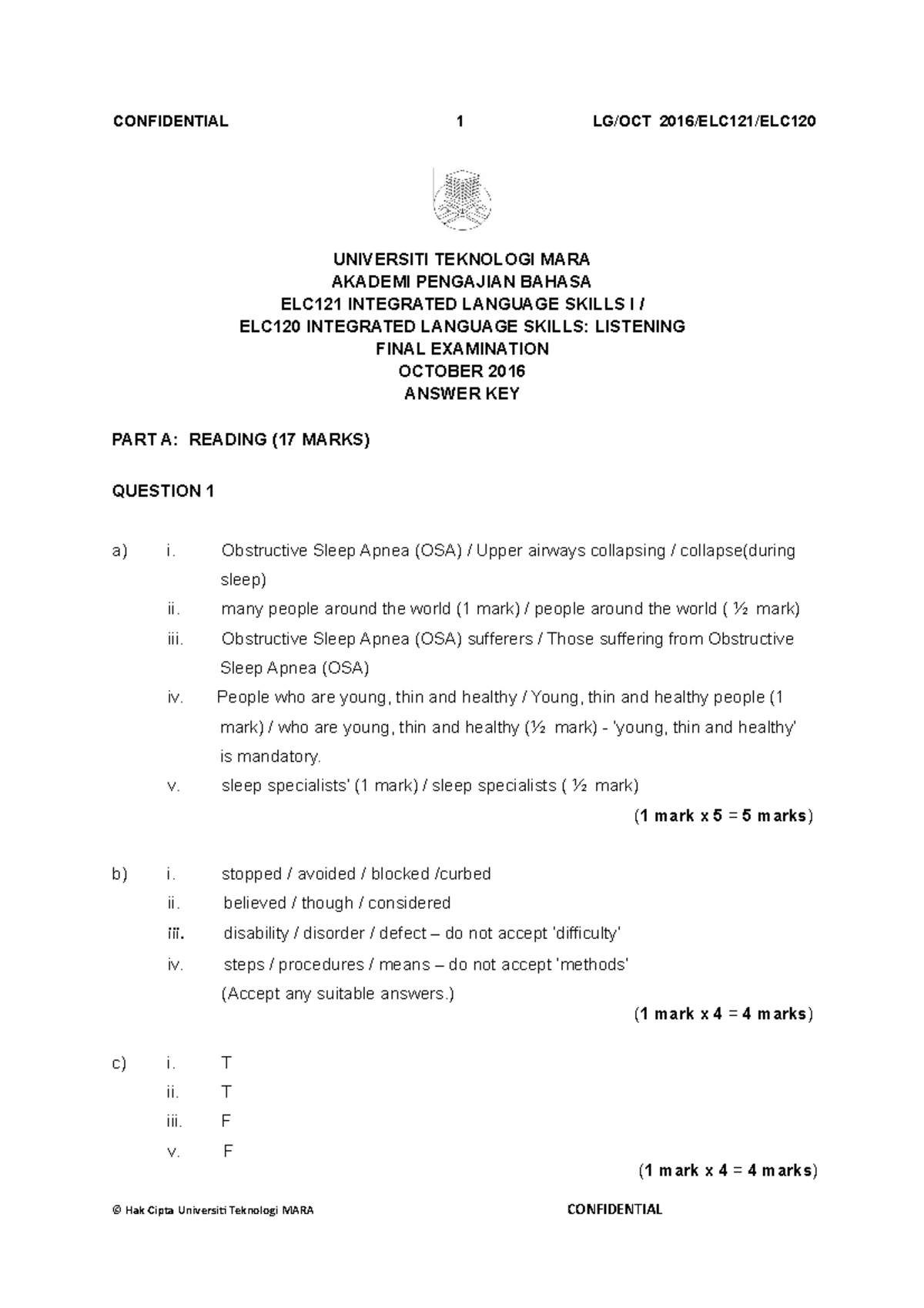 ELC121 Reading Task Ans Key Oct 2016 - UNIVERSITI TEKNOLOGI MARA AKADEMI PENGAJIAN BAHASA ELC121 ...