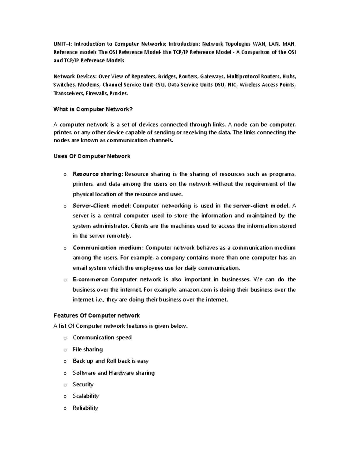 Cn Unit 1 Computer Network Notes Unit I IntroducƟon To Computer Networks IntroducƟon