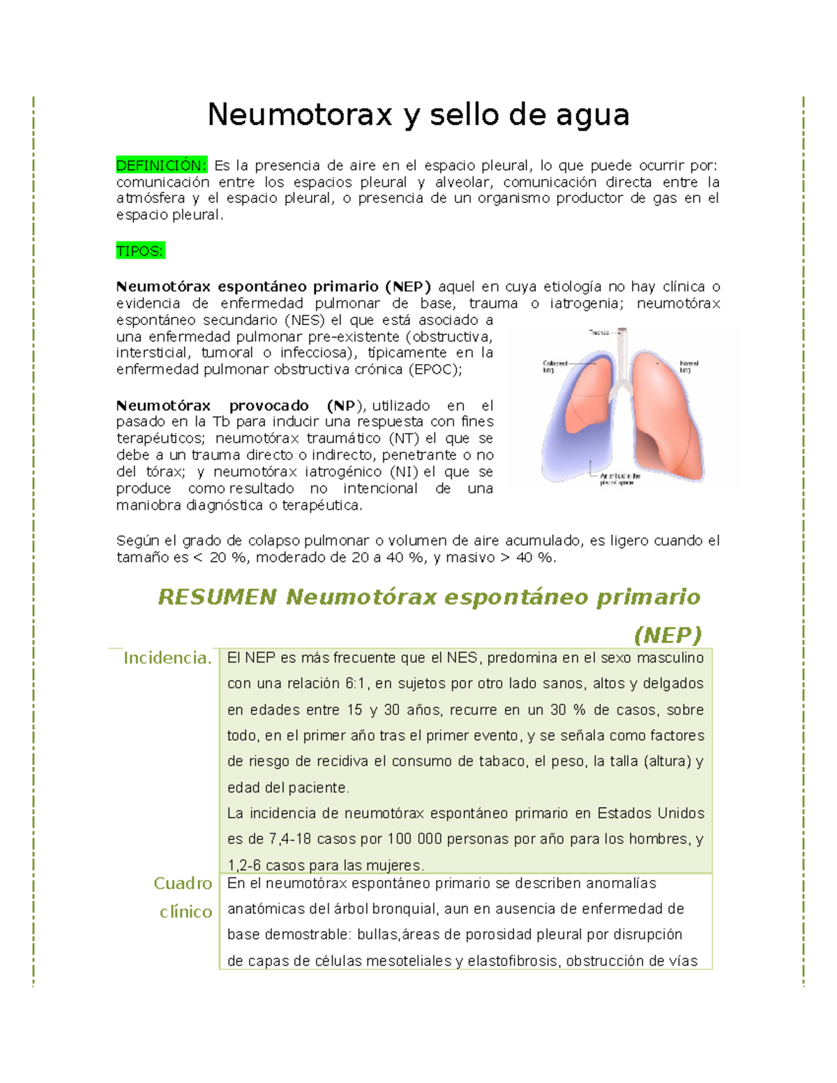 Neumotorax y Sello de agua (características principales) - Neumotorax y ...
