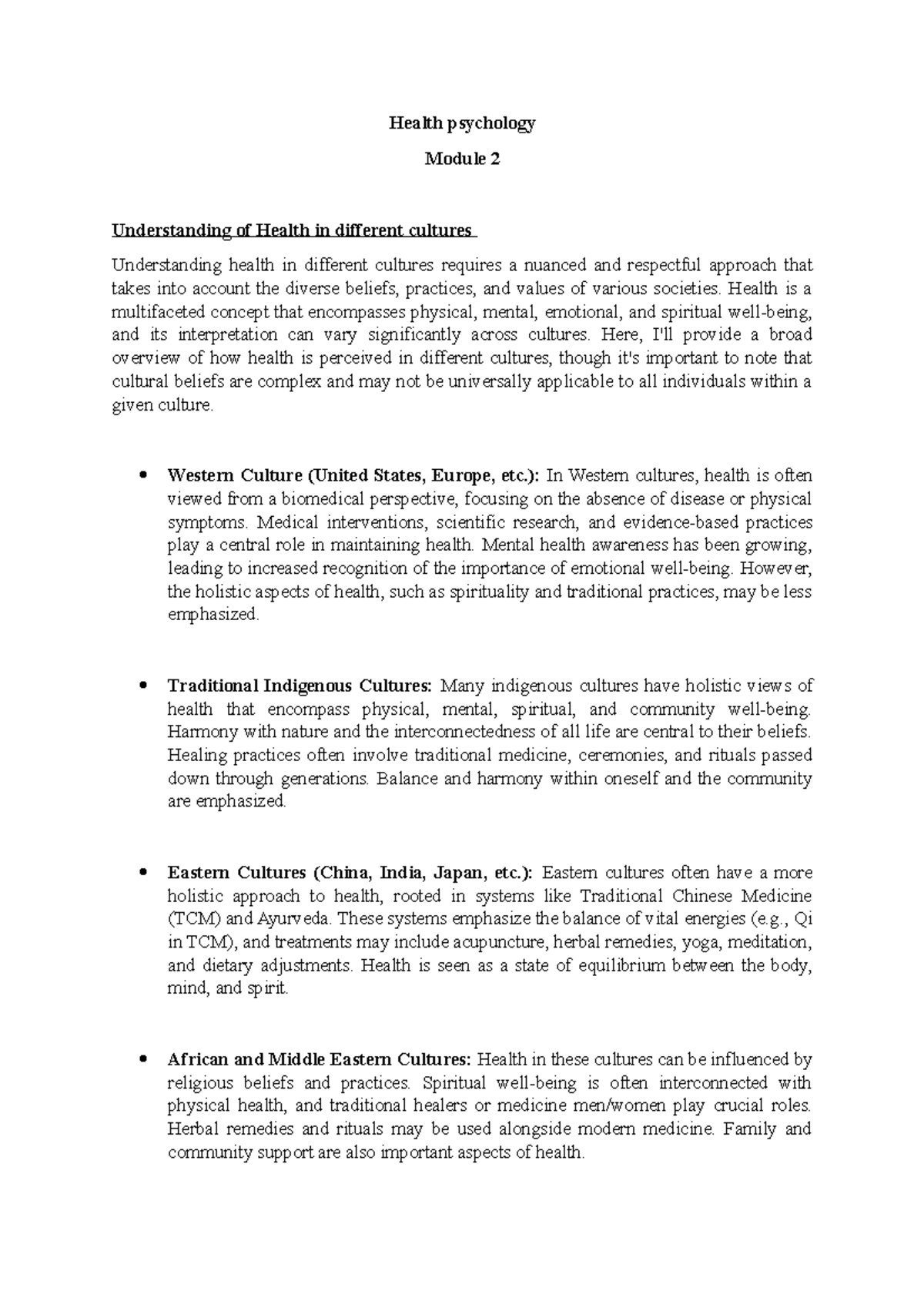 Health psychology module 2 - Health psychology Module 2 Understanding of Health in different ...