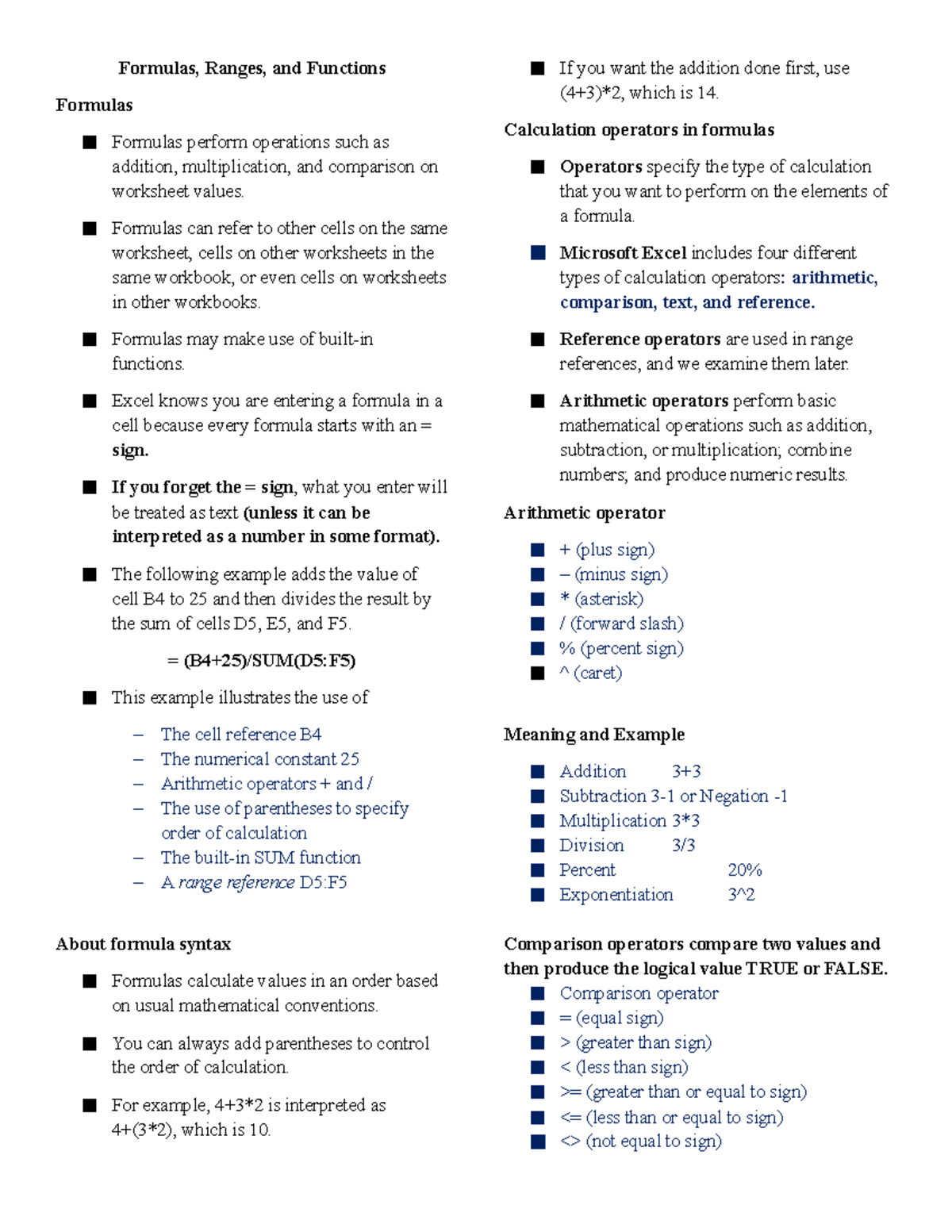 COMP 1 Reviewer Midterm - Formulas, Ranges, and Functions Formulas n ...