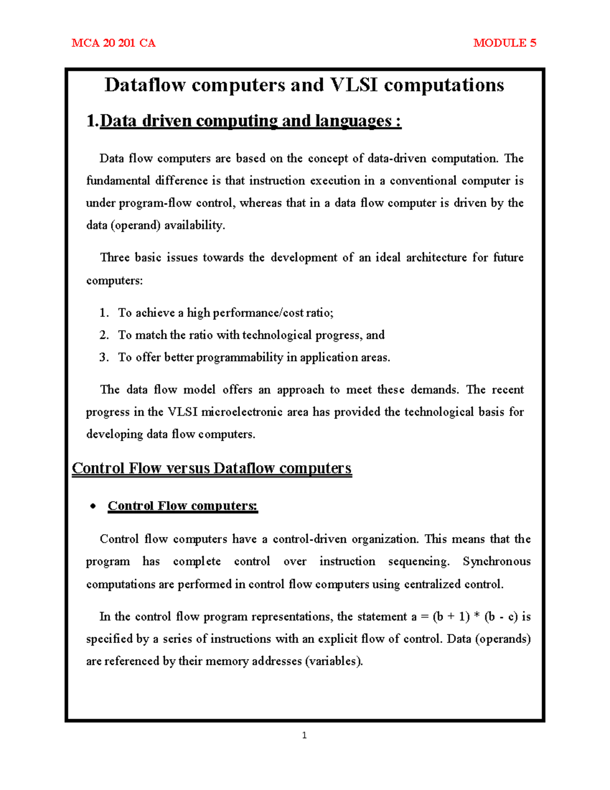 Module 5 - nope - Dataflow computers and VLSI computations 1. Data driven computing and ...