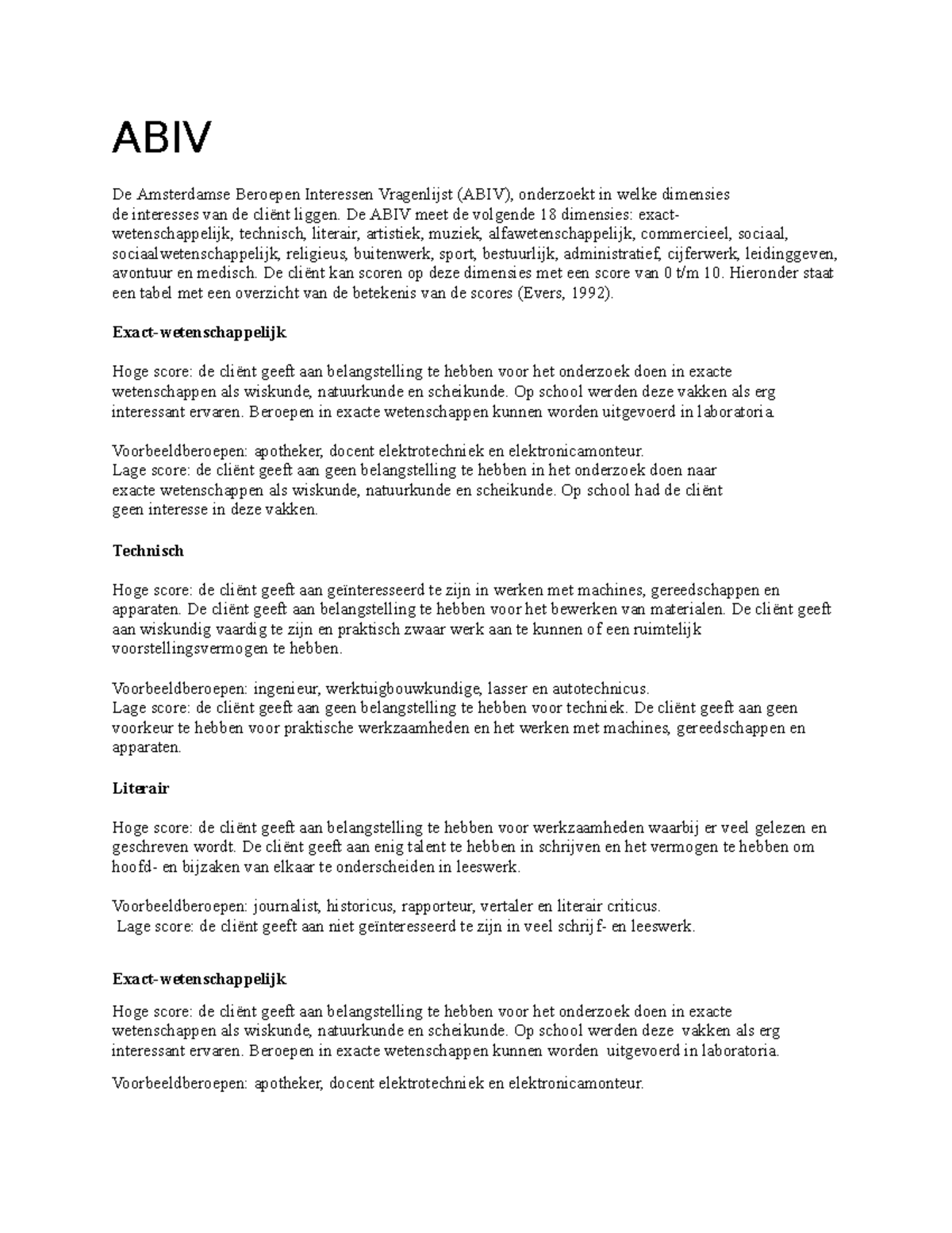ABIV - test - ABIV De Amsterdamse Beroepen Interessen Vragenlijst (ABIV ...