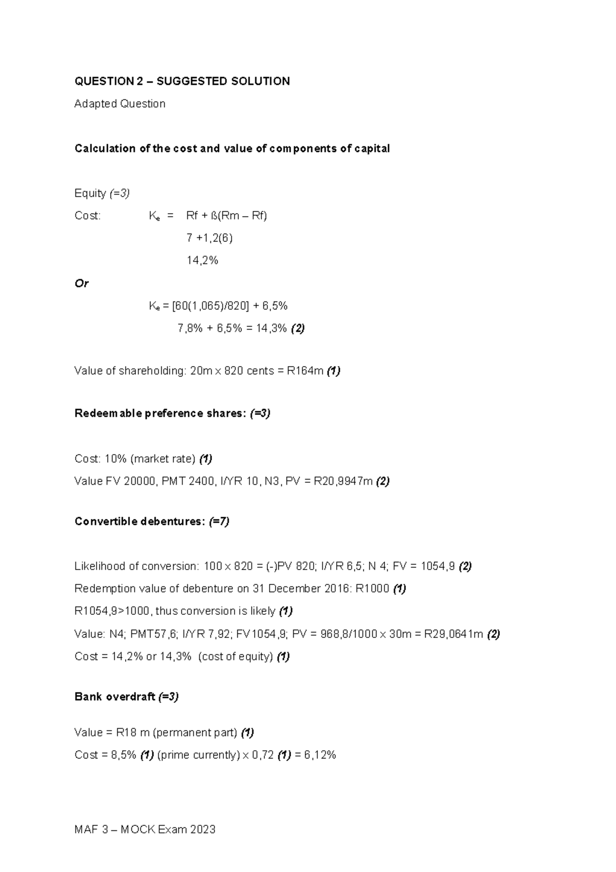 Question 2 - WACC - wacc memo - QUESTION 2 – SUGGESTED SOLUTION Adapted ...