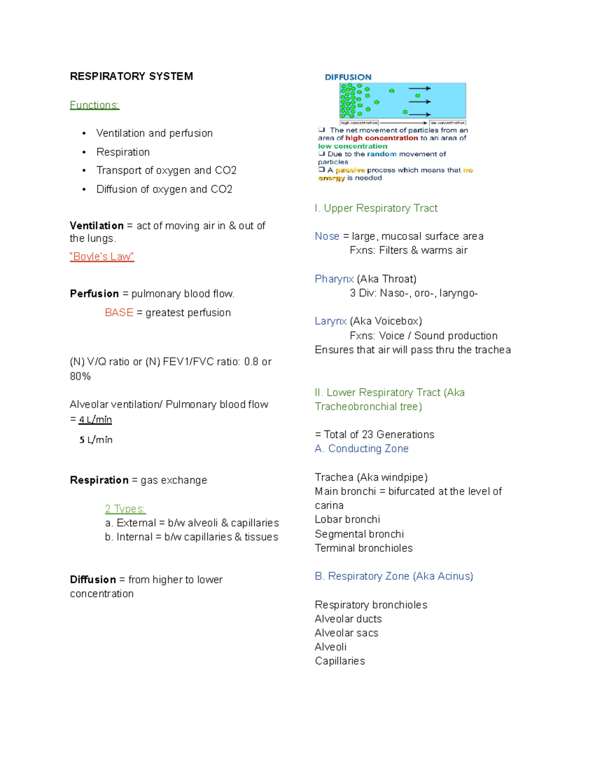 Anaphy (Respi + Cardio) Summary - RESPIRATORY SYSTEM Functions ...