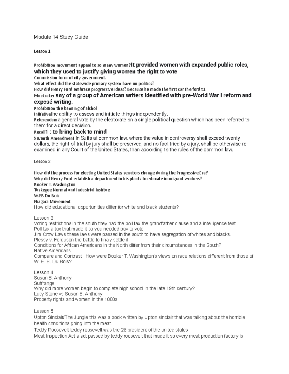 Module 14 Study Guide - Module 14 Study Guide Lesson 1 Prohibition ...