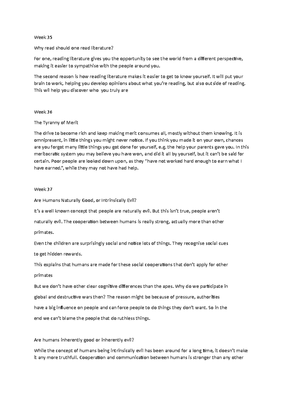 extra engelse info - Week 35 Why read should one read literature? For ...