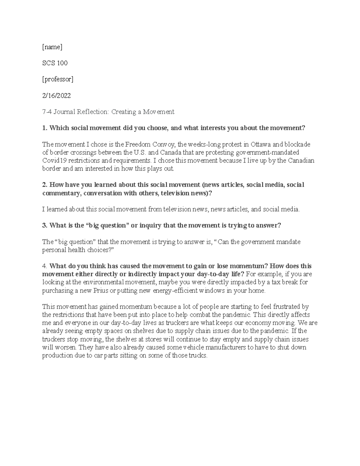 SCS 100 7-4 Journal Reflection Creating a Movement - [name] SCS 100 ...