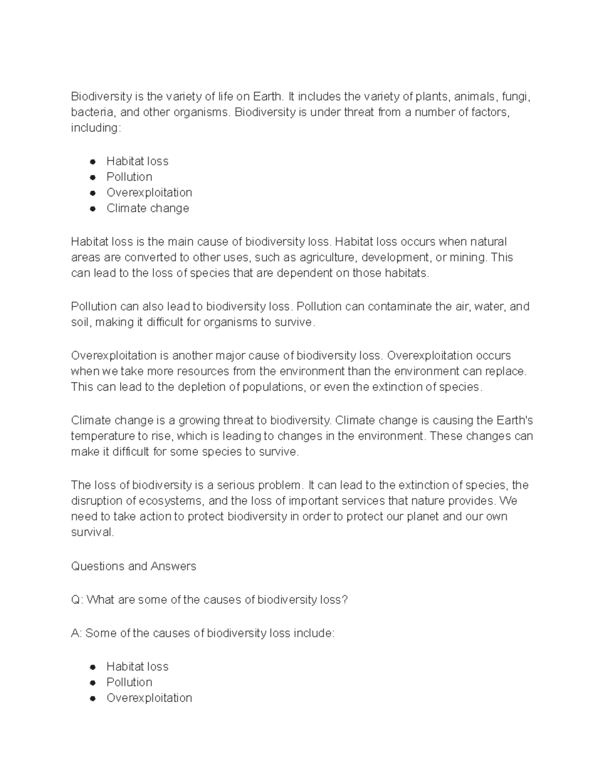 Lecture 28 The Loss of Biodiversity - Biodiversity is the variety of ...