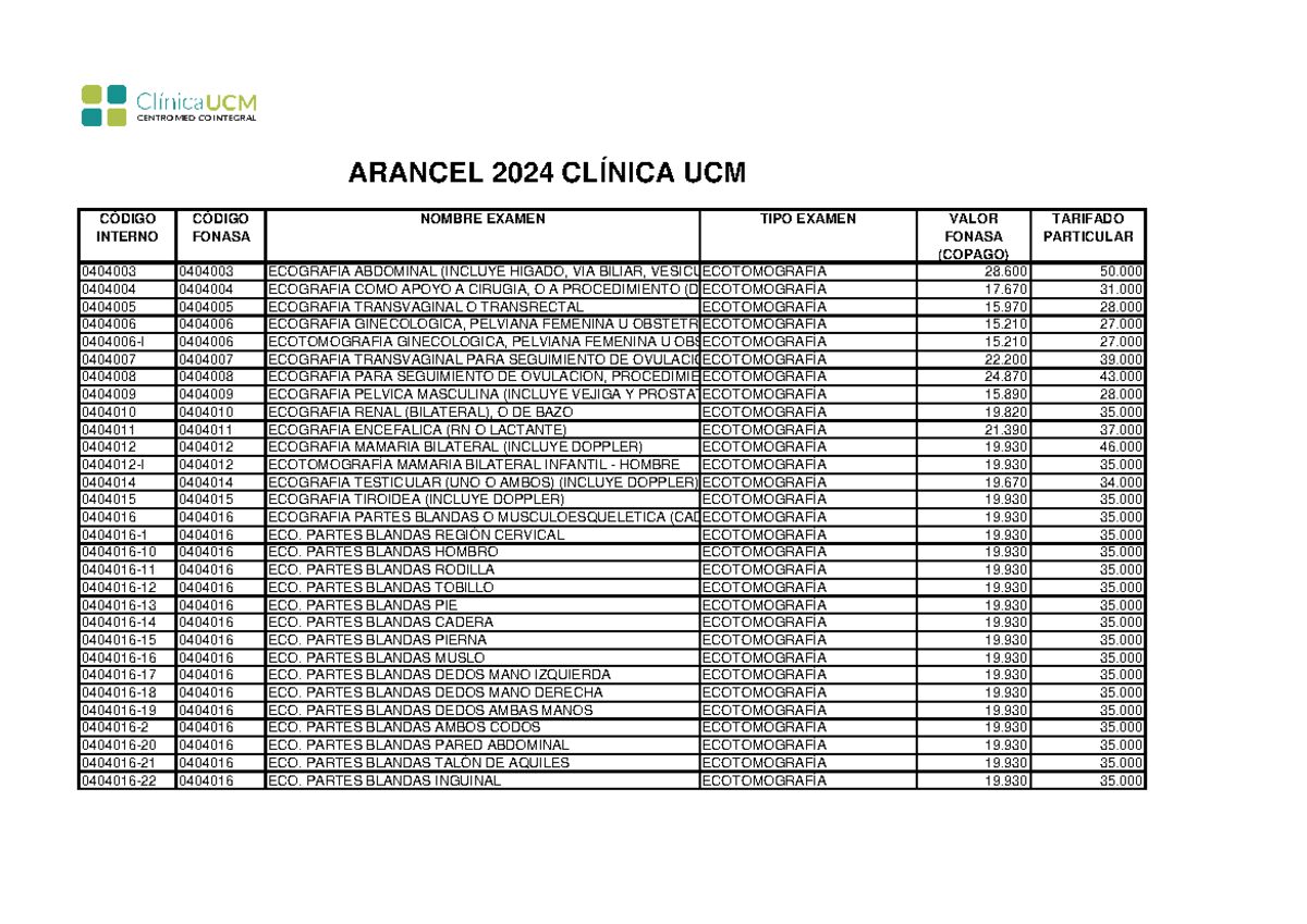 Arancel 2024 Clinica UCM Noviembre 24 - CÓDIGO INTERNO CÓDIGO FONASA ...