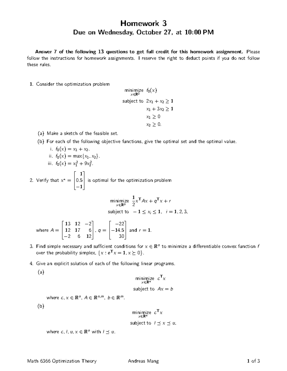 Hw03 - Positive Semidefinite cone - Homework 3 Due on Wednesday ...