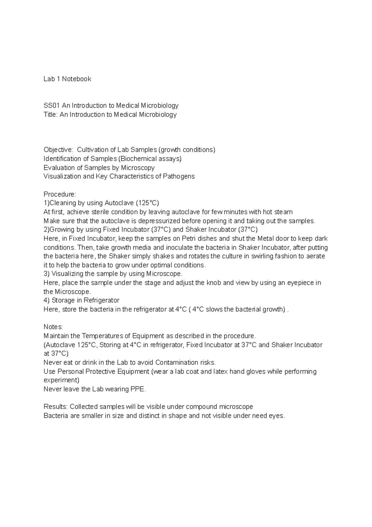 Microbiology LAB 1 Report - LaE 1 NRWHERRN SS 01 AQ IQWURGXFWLRQ WR ...