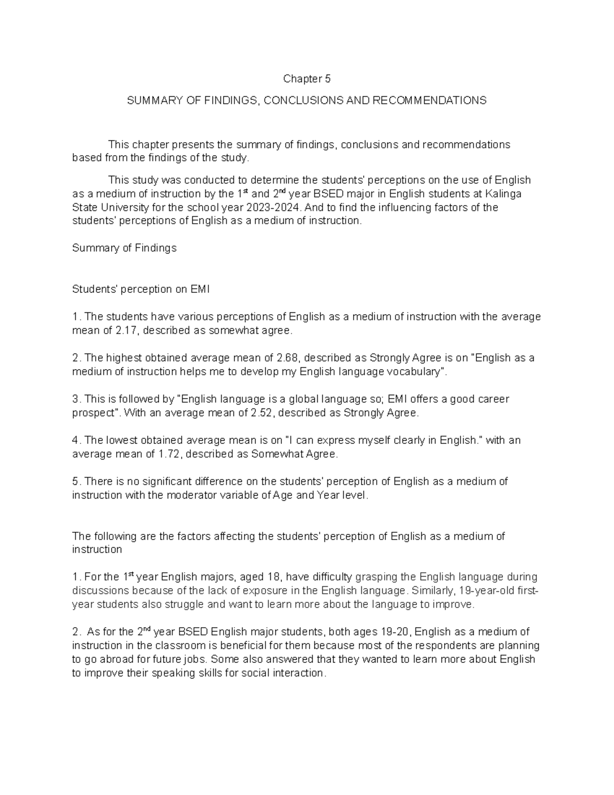 Chapter 5 - lectures with activities - Chapter 5 SUMMARY OF FINDINGS ...