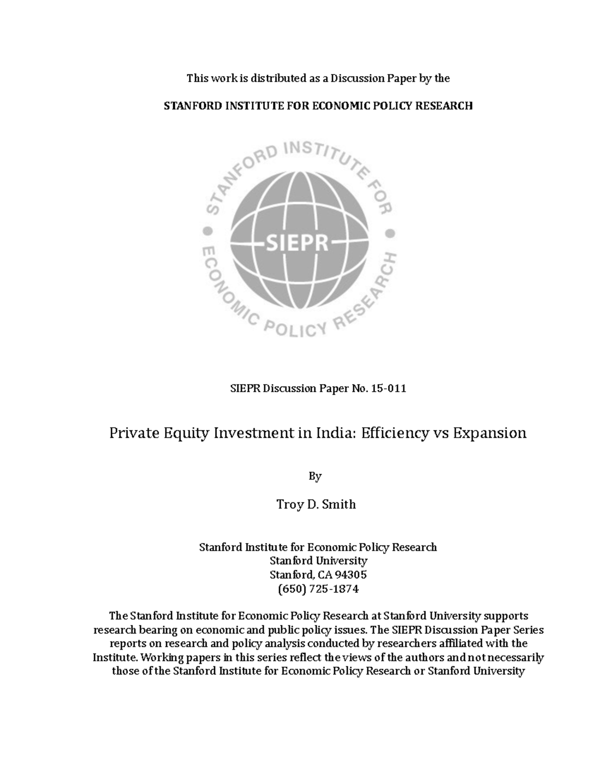 India PE Stanford Paper - This work is distributed as a Discussion ...