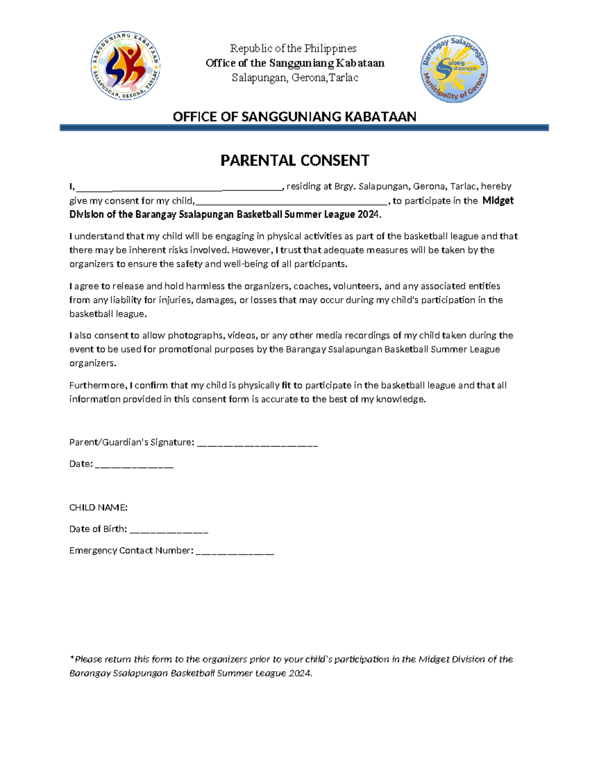Parental Consent - sample letter - Republic of the Philippines Office ...