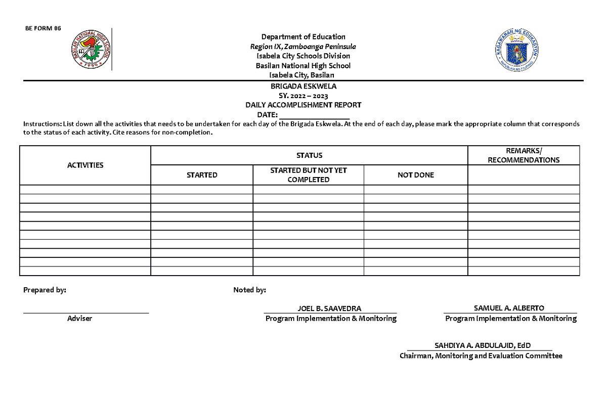 BE-FORM-06 - BE form for brigada eskwela - BE FORM 06 Department of ...