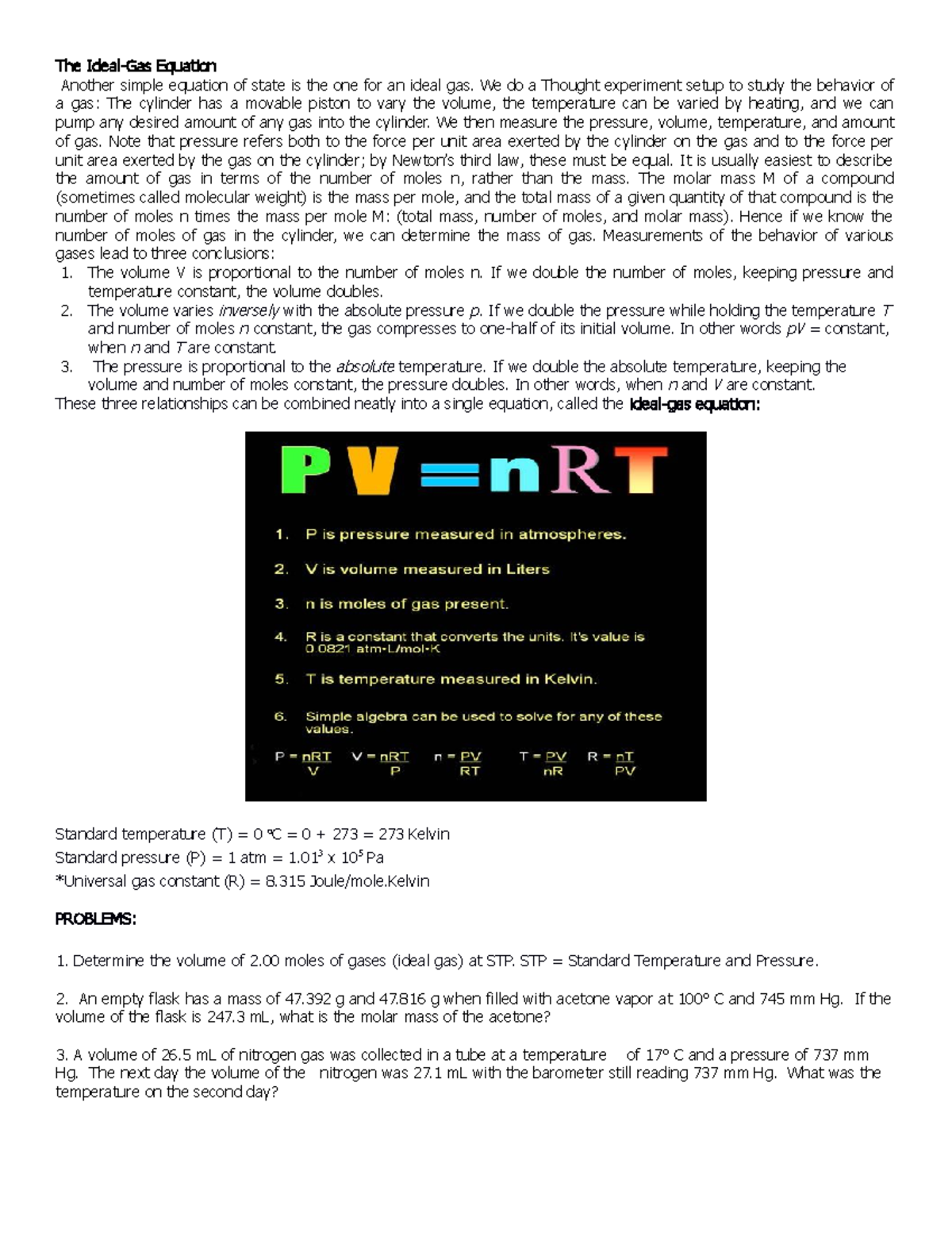 The Ideal gas law - Notes - The Ideal-Gas Equation Another simple ...