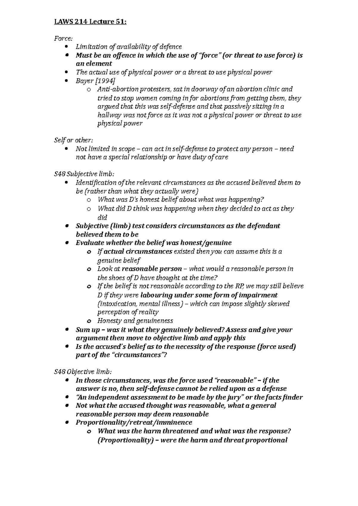 LAWS 214 Lecture 51 - LAWS 214 Lecture 51: Force: Limitation of availability of defence Must be ...