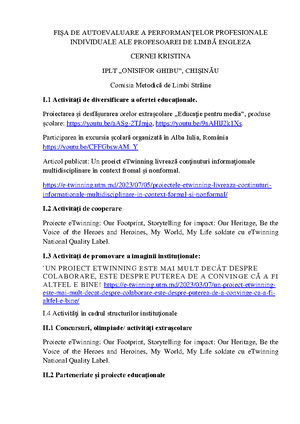 Raport de autoevaluare - MEMORIU DE ACTIVITATE Subsemnata ...