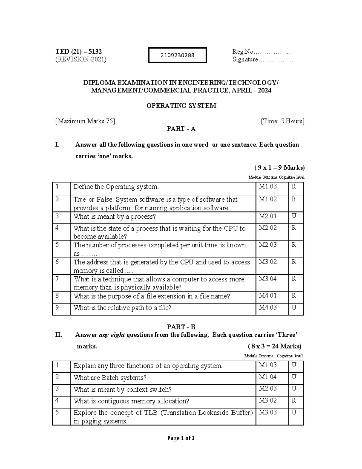 S5 OS qp apr 2024 - It's a question paper. - Page 1 of 3 TED (21) – 5132 Reg ...