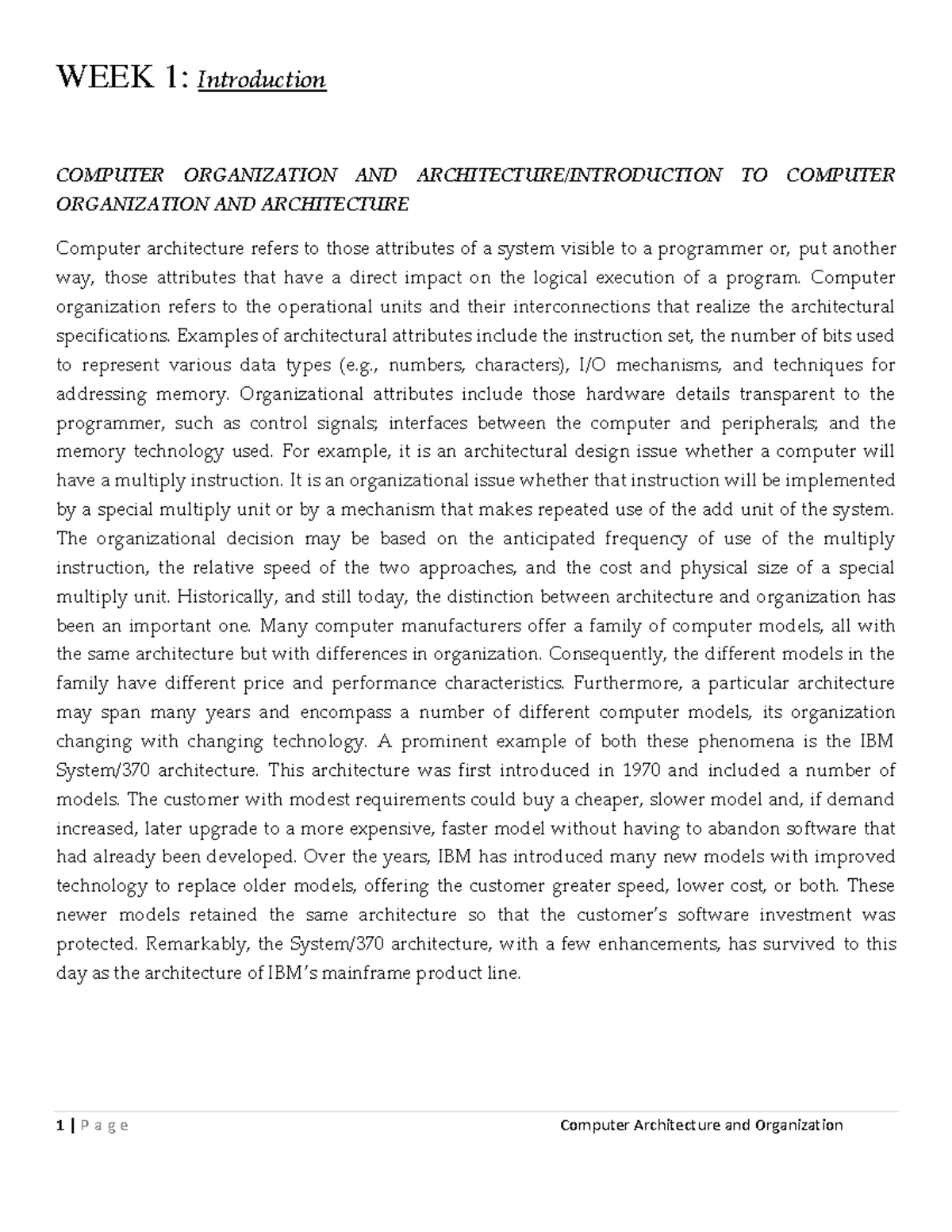 W1 Introduction - WEEK 1: Introduction 1 | P a g e Computer Architecture and Organization ...