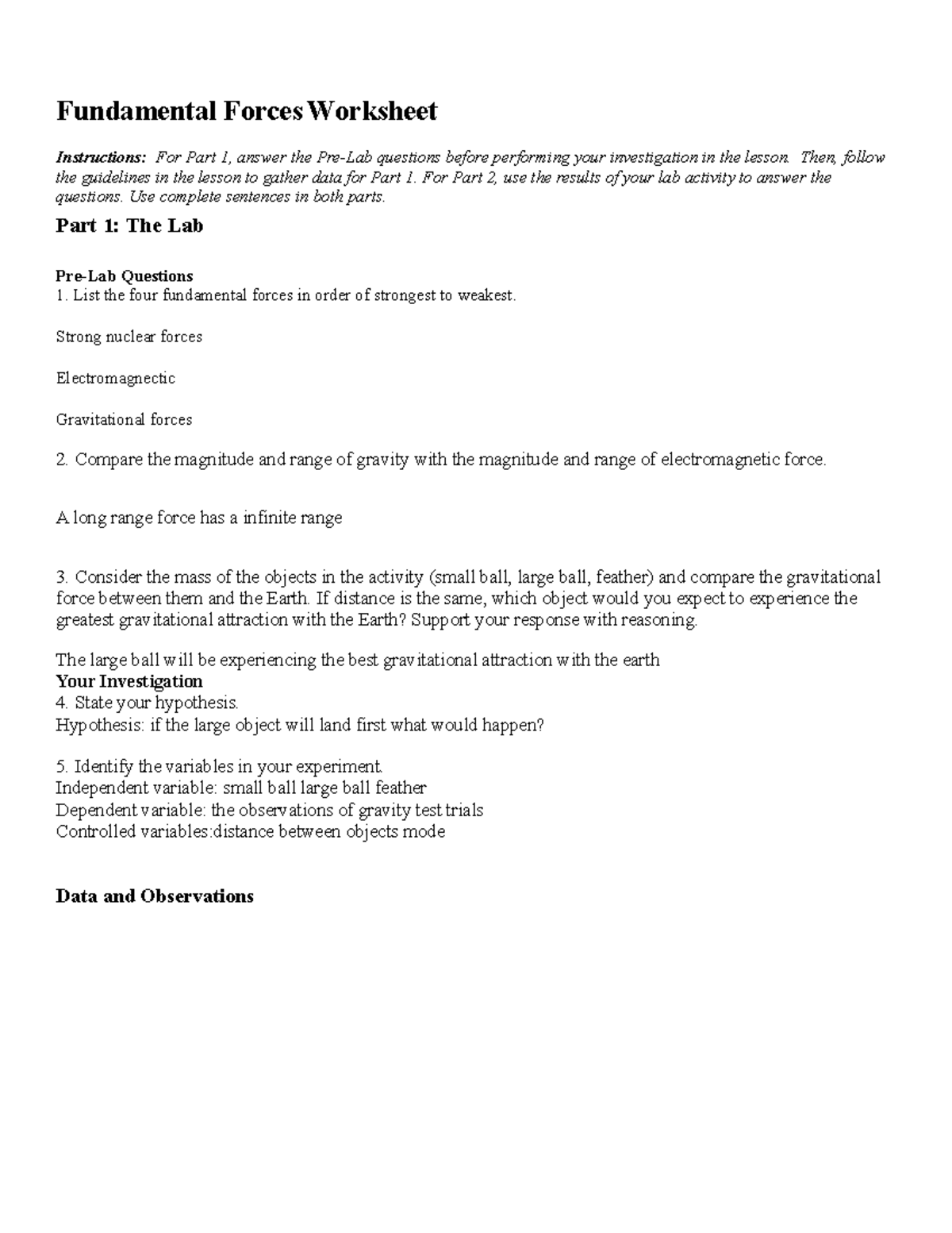 Work - ddfkd - Fundamental Forces Worksheet Instructions: For Part 1 ...