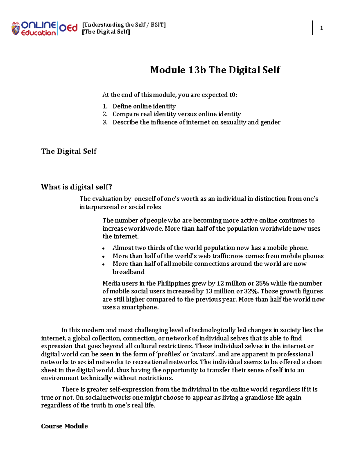 W12-Module 1 The Digital Self - [Understanding the Self / BSIT] [The Digital Self] 1 Course ...