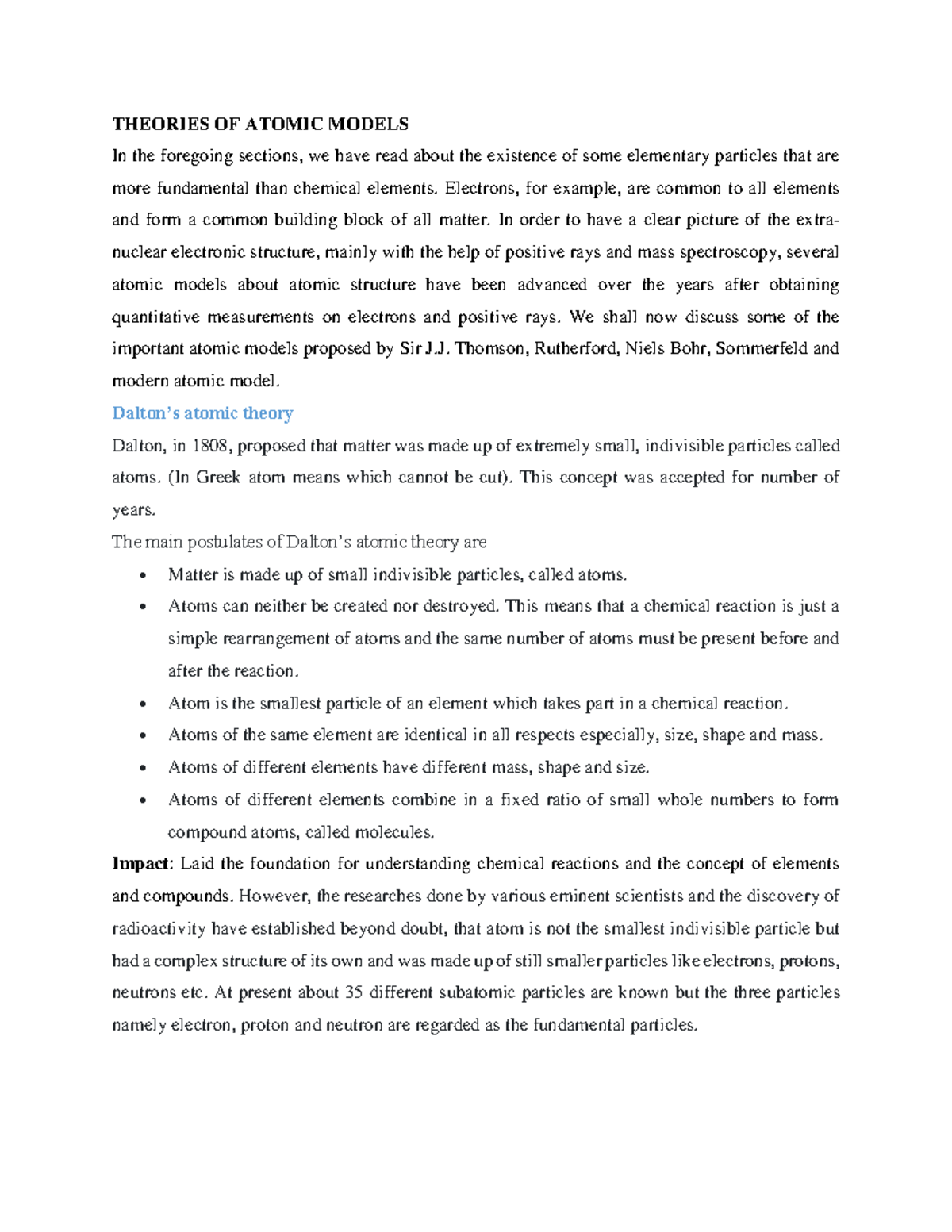 Measurement of mass and volume - THEORIES OF ATOMIC MODELS In the ...