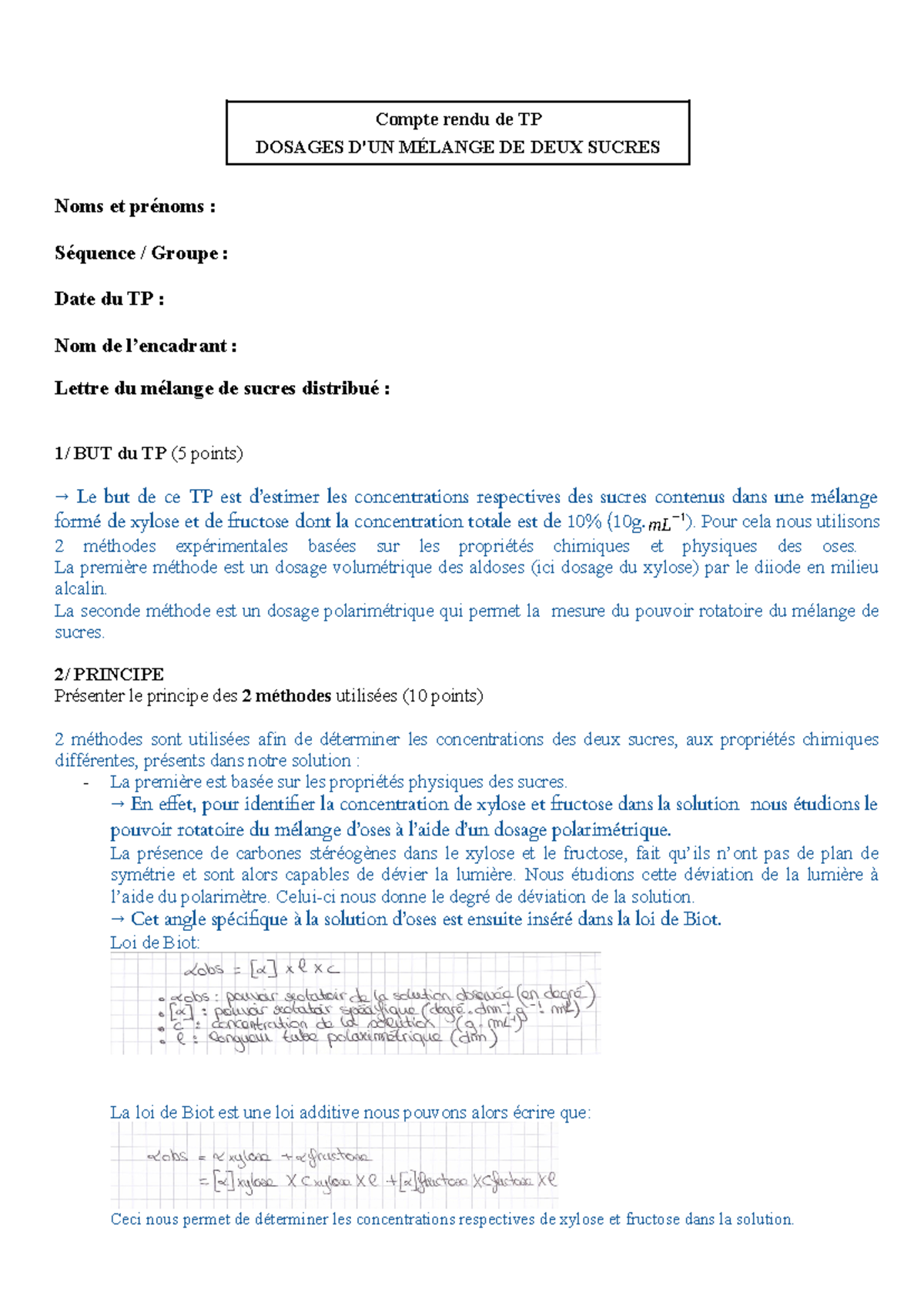 Compte rendu TP Sucres - Noms et prénoms : Séquence / Groupe : Date du TP : Nom de l’encadrant ...