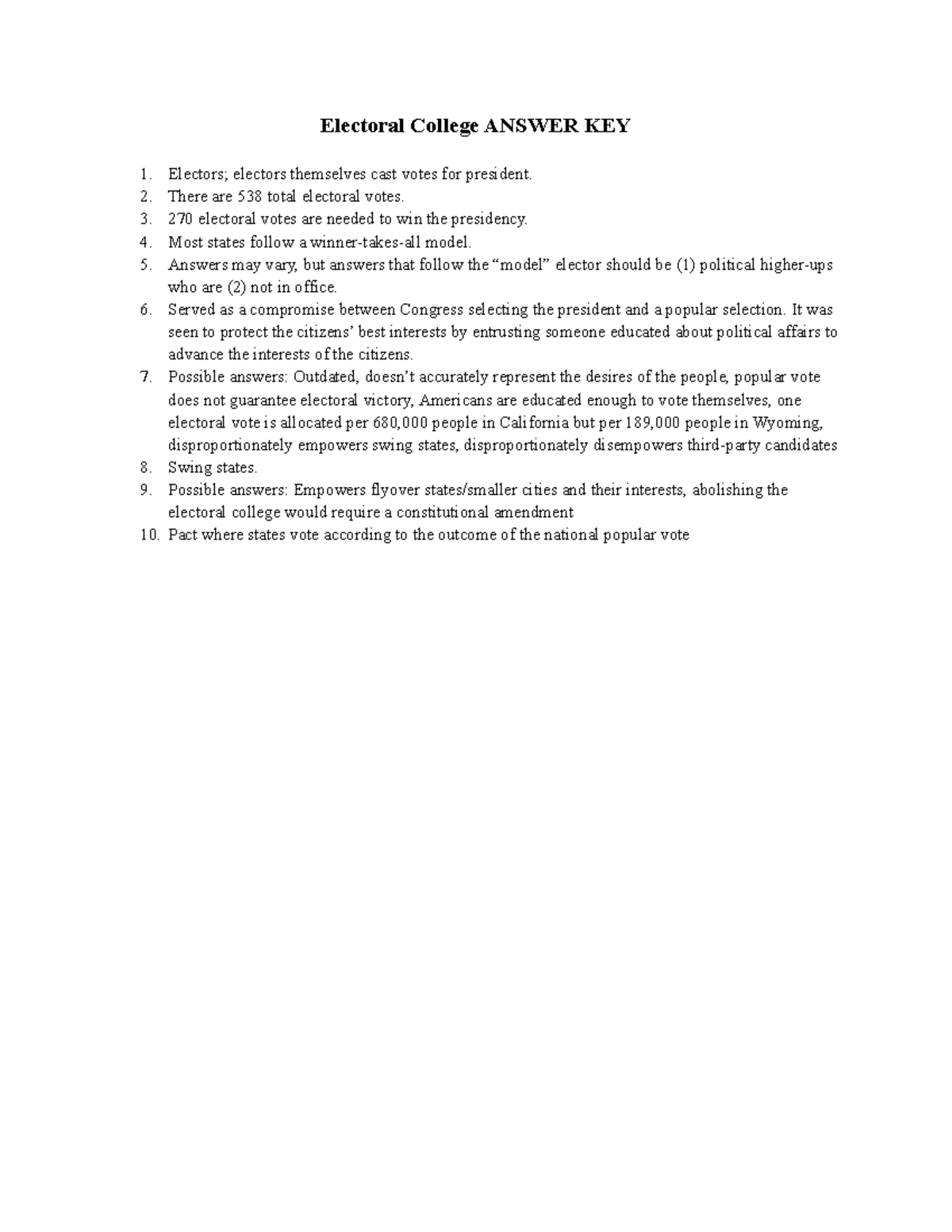 Electoral College Answer KEY - Electoral College ANSWER KEY Electors ...